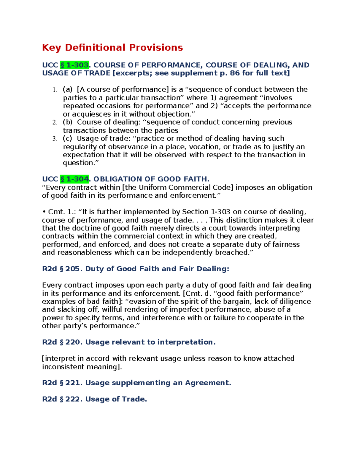 Contracts Key Definitional Provisions - Key Definitional Provisions UCC ...