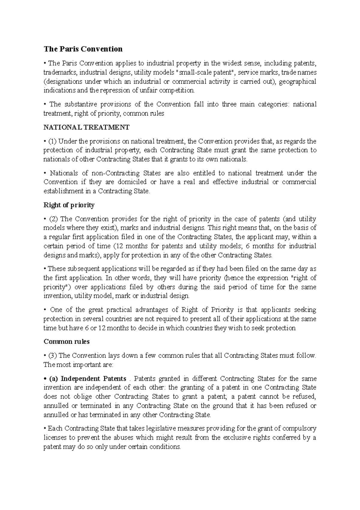 IPR Consolidated notes - The Paris Convention The Paris Convention ...