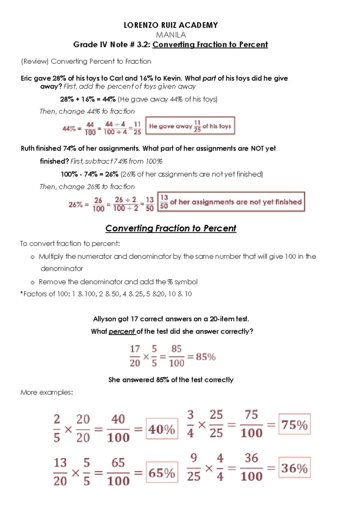 G4 Note 3.2 Converting Fraction to Percent - LORENZO RUIZ ACADEMY ...