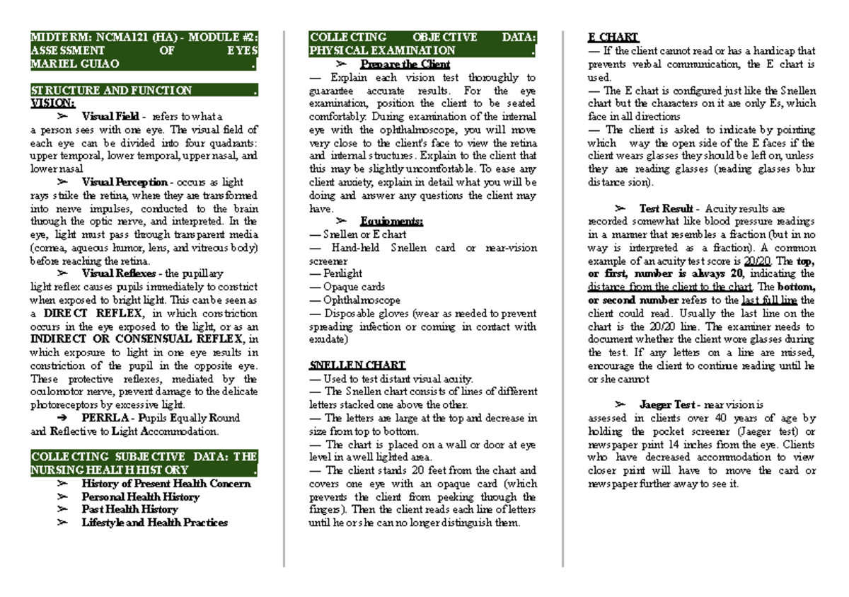 M-NCMA121(HA)-M2 - MIDTERM: NCMA121 (HA) - MODULE #2: ASSESSMENT OF EYES MARIEL GUIAO. STRUCTURE ...