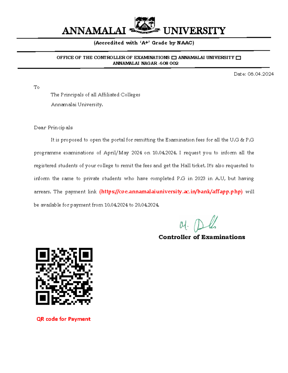 COE Letter PAD - OFFICE OF THE CONTROLLER OF EXAMINATIONS ANNAMALAI ...