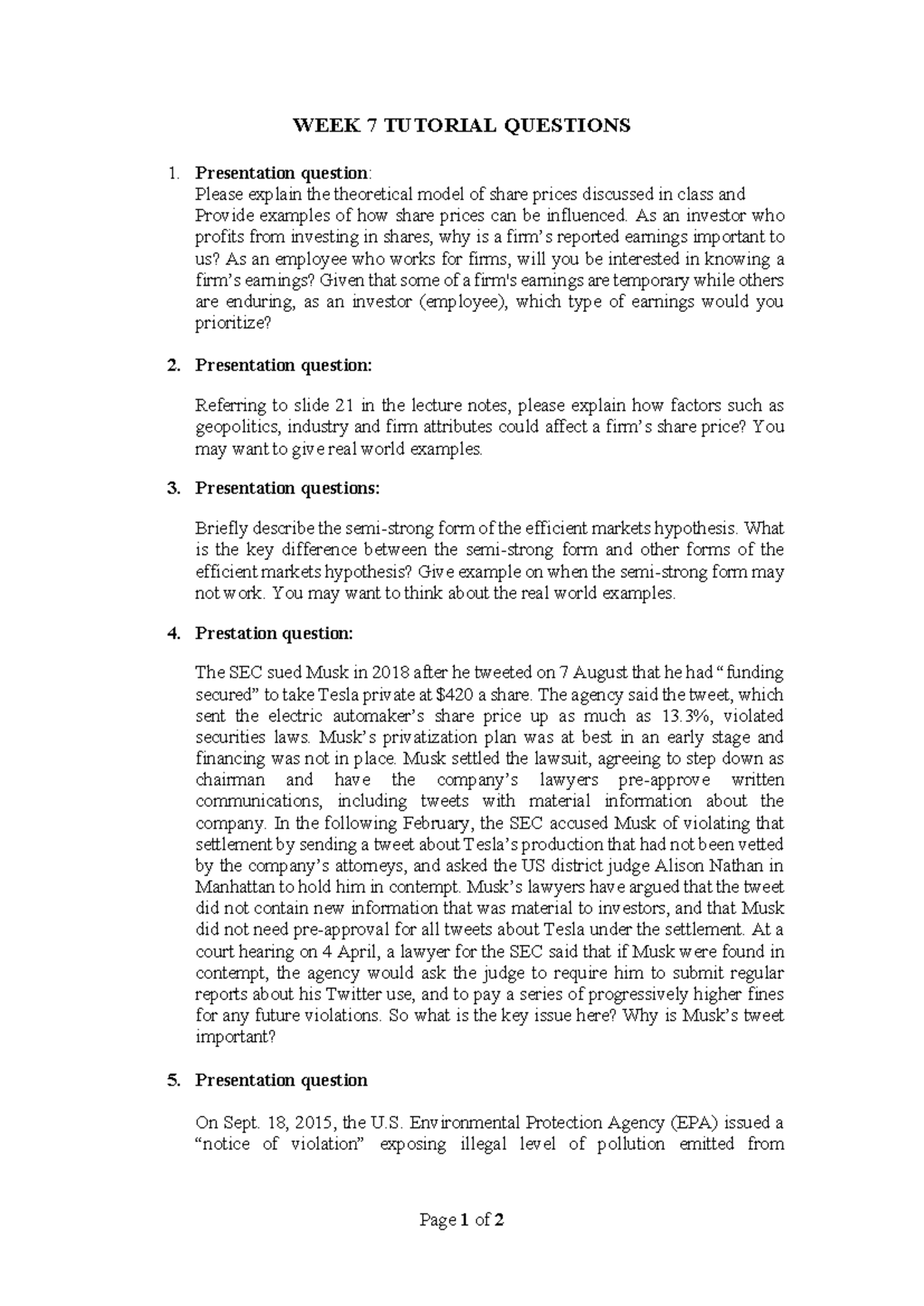 Week 8 tutorial questions s2 2024 - Page 1 of 2 WEEK 7 TUTORIAL ...
