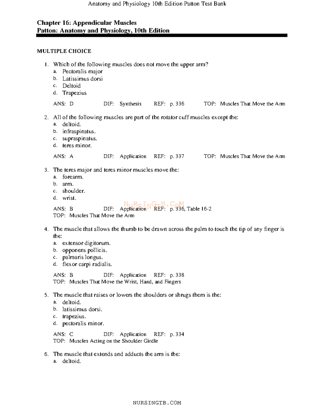 Appendicular Muscles - practice - NURSINGTB Chapter 16: Appendicular Muscles Patton: Anatomy and ...