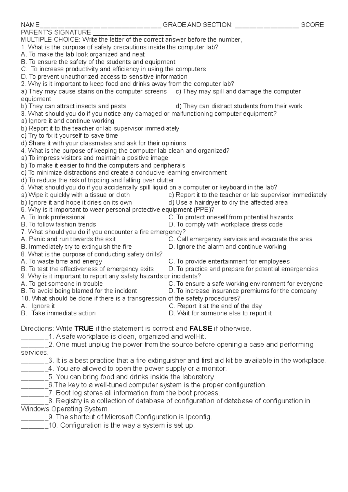 QUIZ Safety Measures - NAME__________________________________ GRADE AND ...