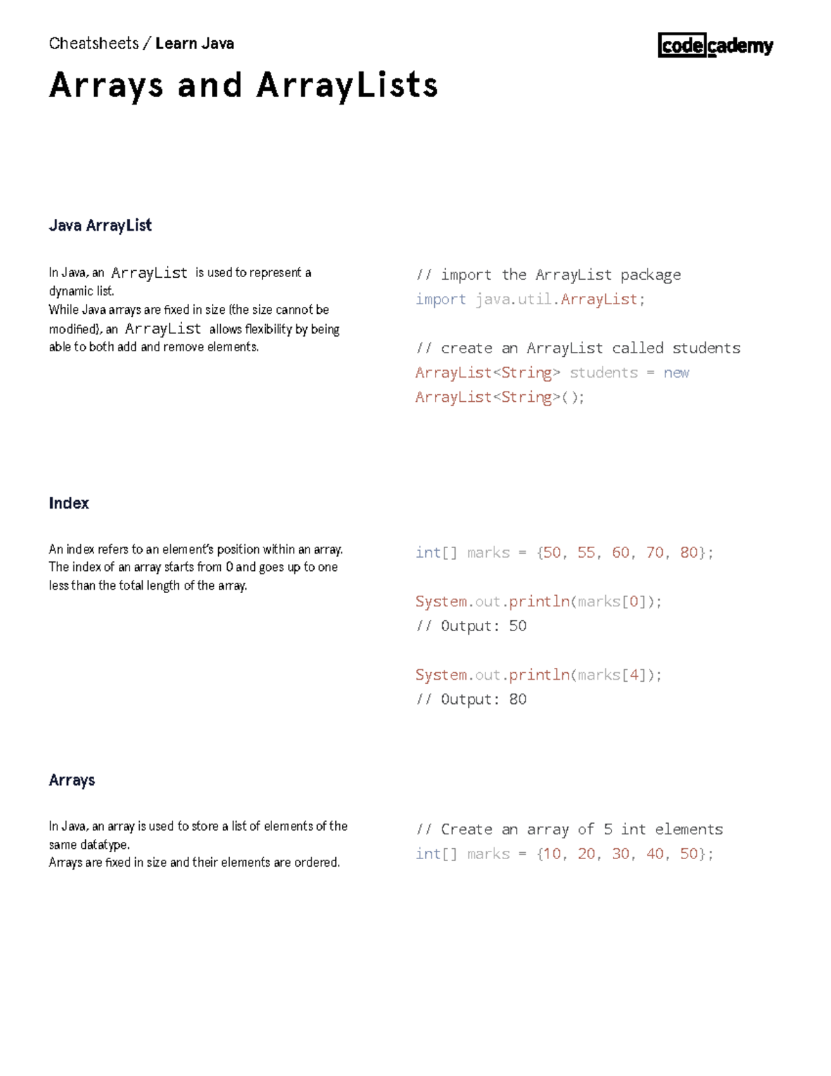 Learn Java Arrays and Array Lists Cheatsheet Codecademy - In Java, an ...