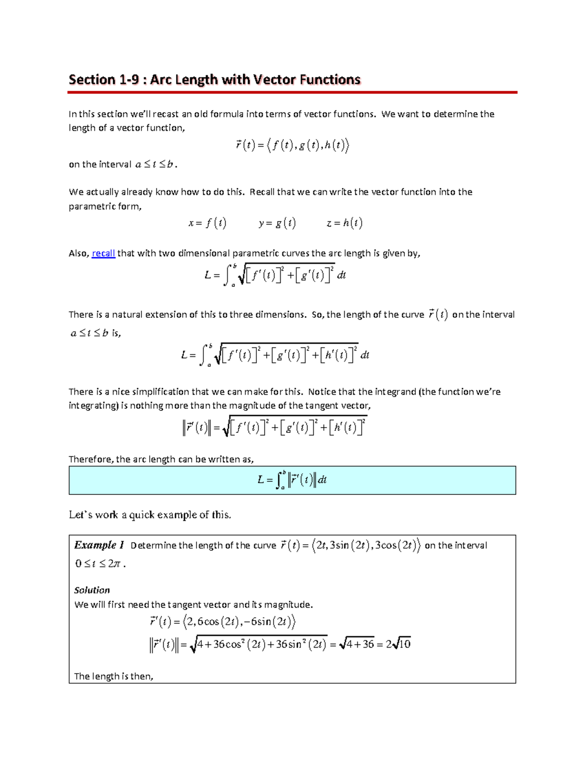 Calc III Vector Arc Length - Section 1-9 : Arc Length with Vector ...