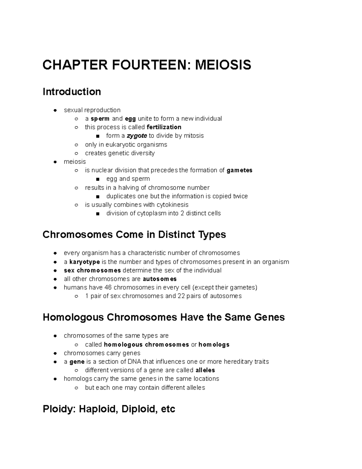 Bio 181 - bio 181H lecture notes - CHAPTER FOURTEEN: MEIOSIS ...