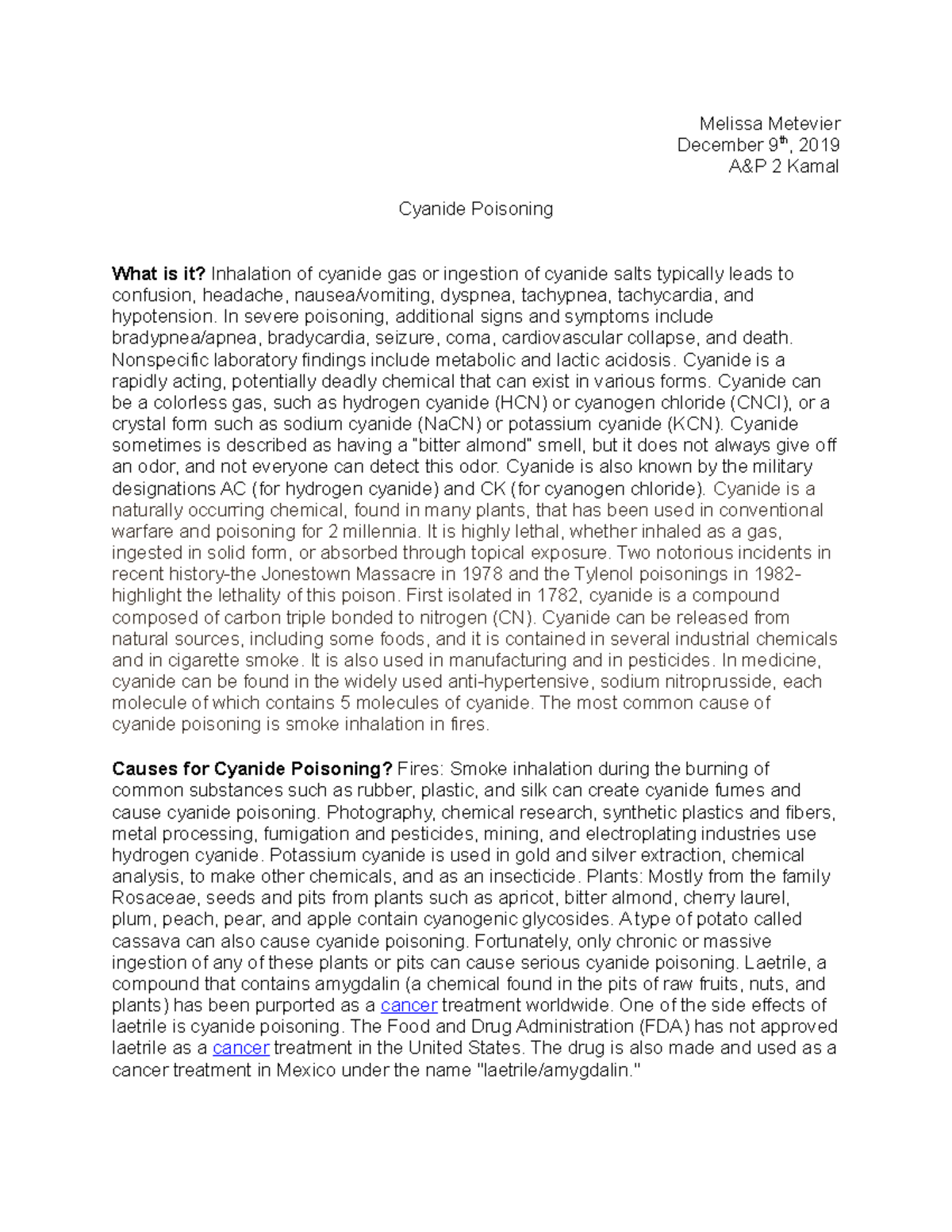 Cyanide poisoning essay paper - Anatomía - UCAM - Studocu