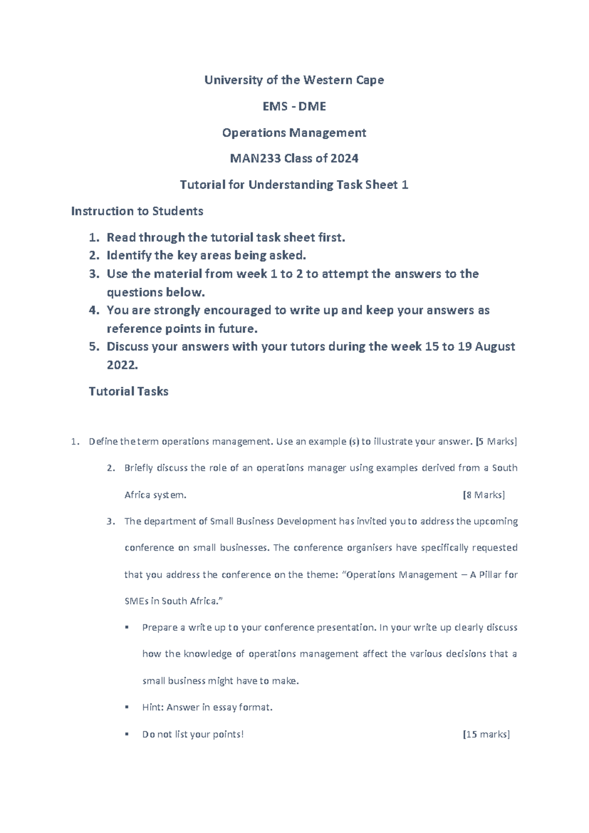 MAN233 Tutorial for Understanding Task Sheet 1 - University of the ...