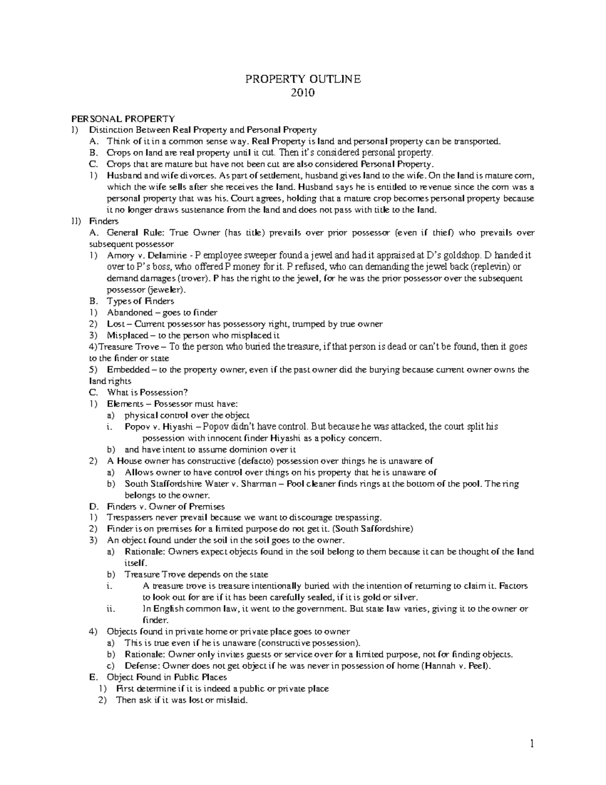 2010 Property Outline - Summary Real Estate Law - PROPERTY OUTLINE 2010 ...