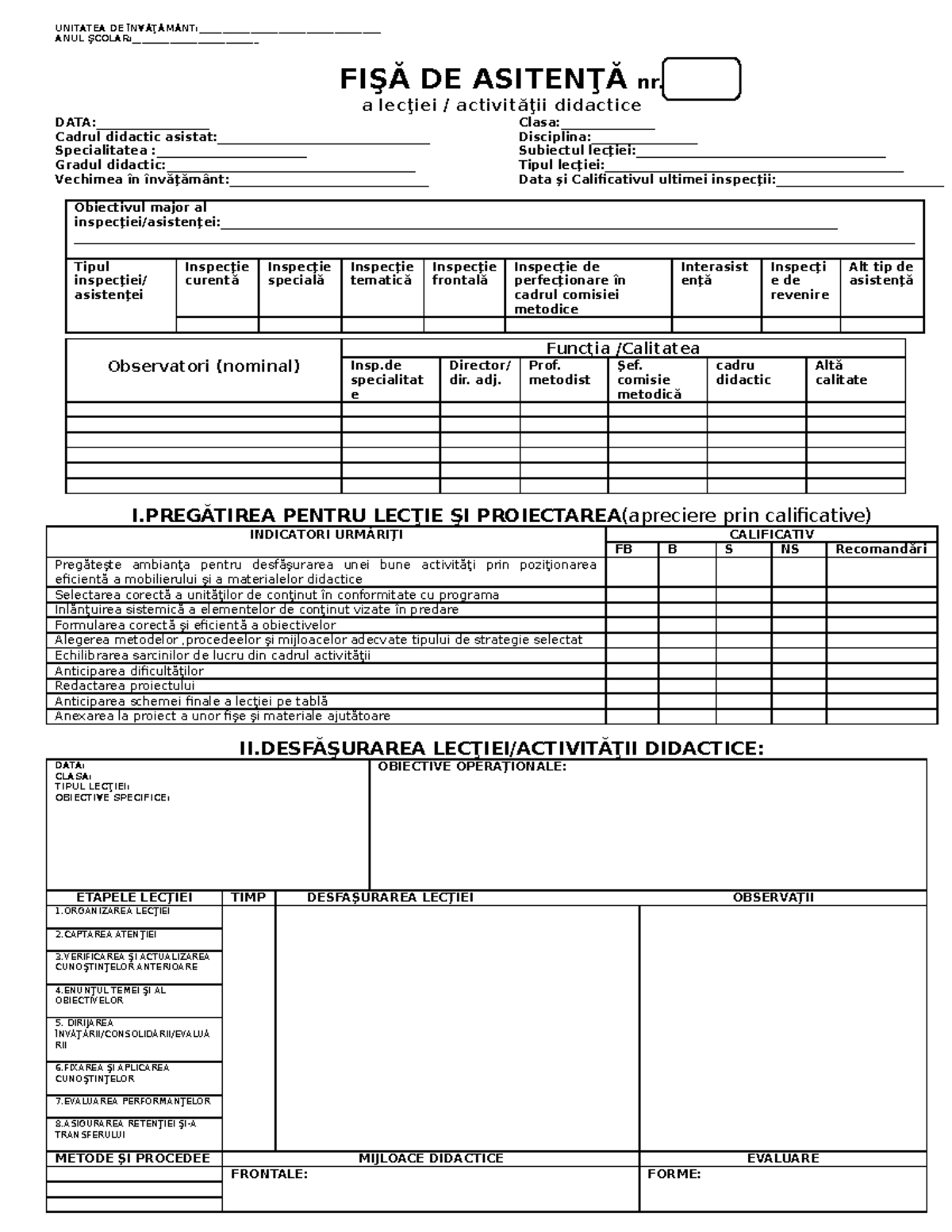Model fisa de asistenta - UNITATEA DE ÎNVĂŢĂMÂNT ...