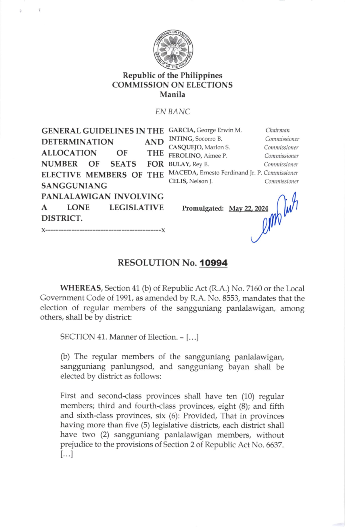 Resolution No. 10994 - Republic of the Philippines COMMISSION ON ...