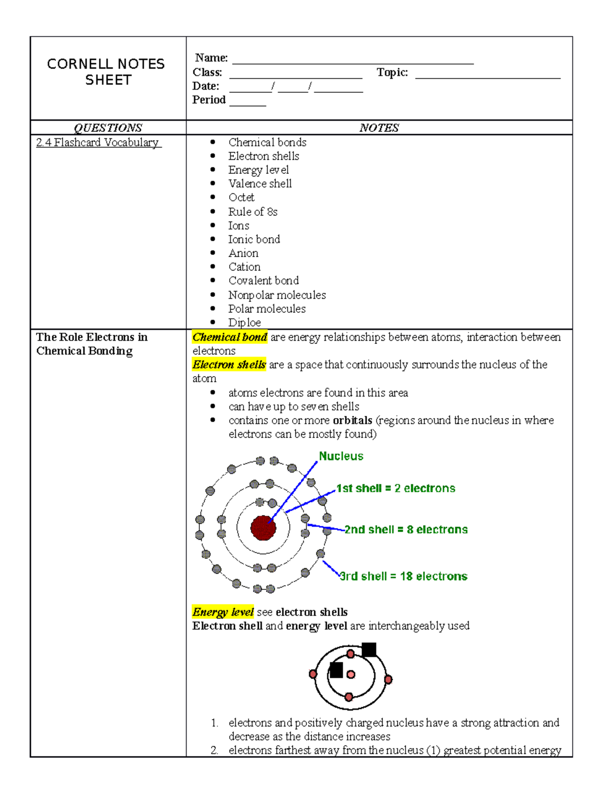 Chapter 2 Chemistry Comes Alive 2.4 - CORNELL NOTES SHEET Name: - Studocu