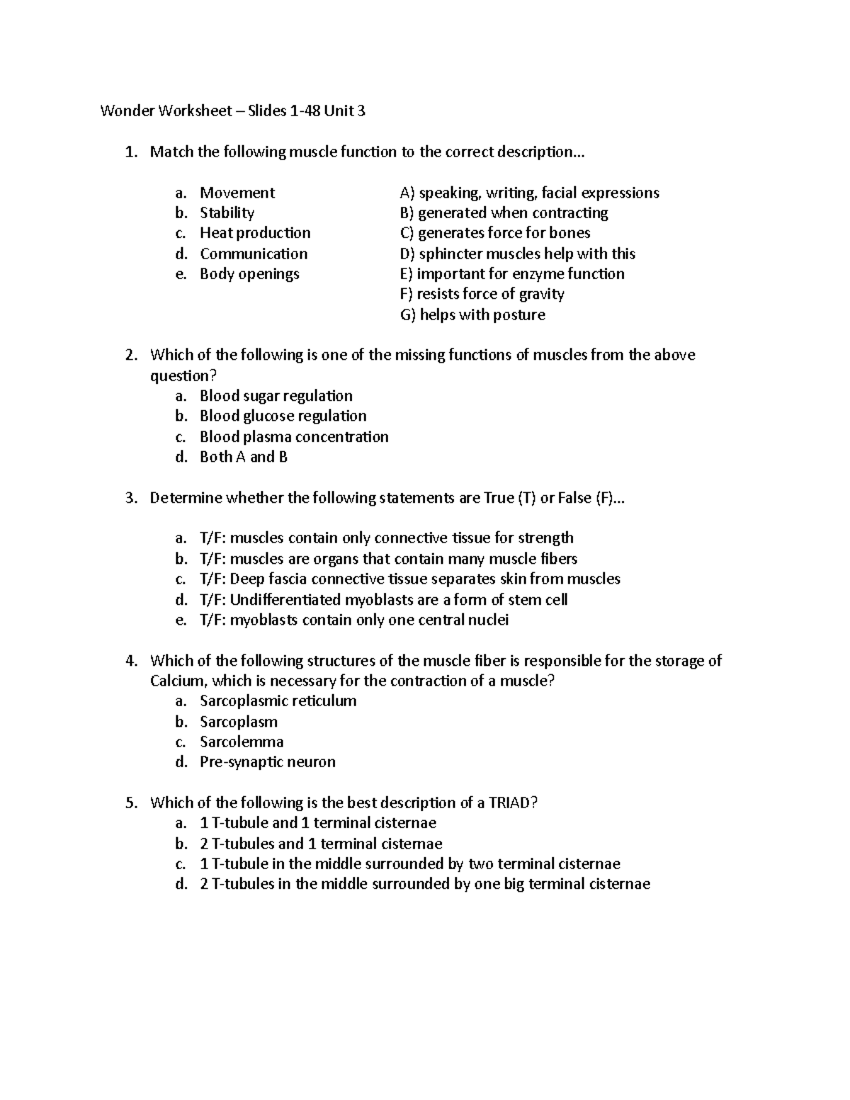 Wonder Worksheet - .. a. Movement A) speaking, writing, facial ...