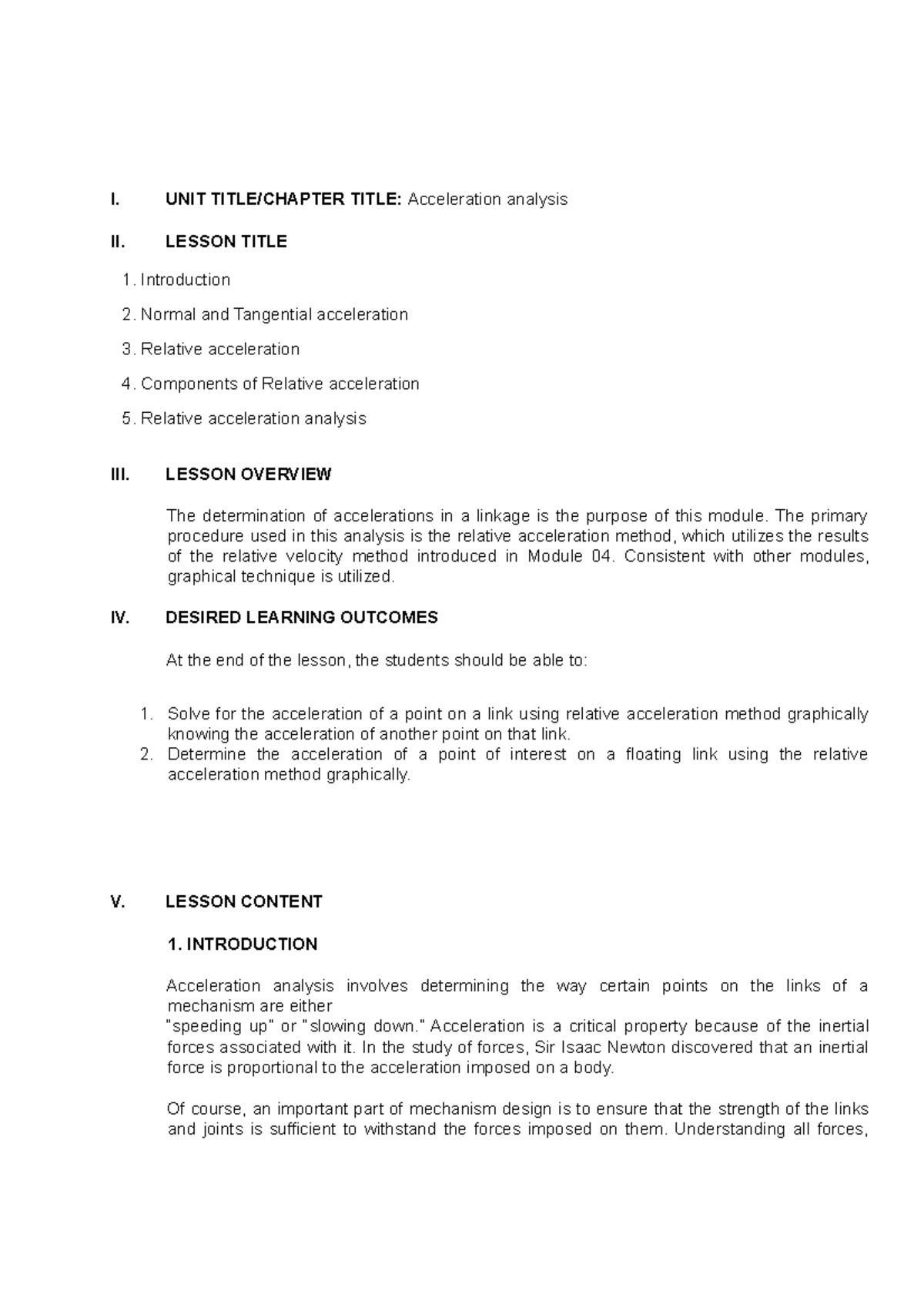 Acceleration analysis - I. UNIT TITLE/CHAPTER TITLE: Acceleration analysis II. LESSON TITLE ...
