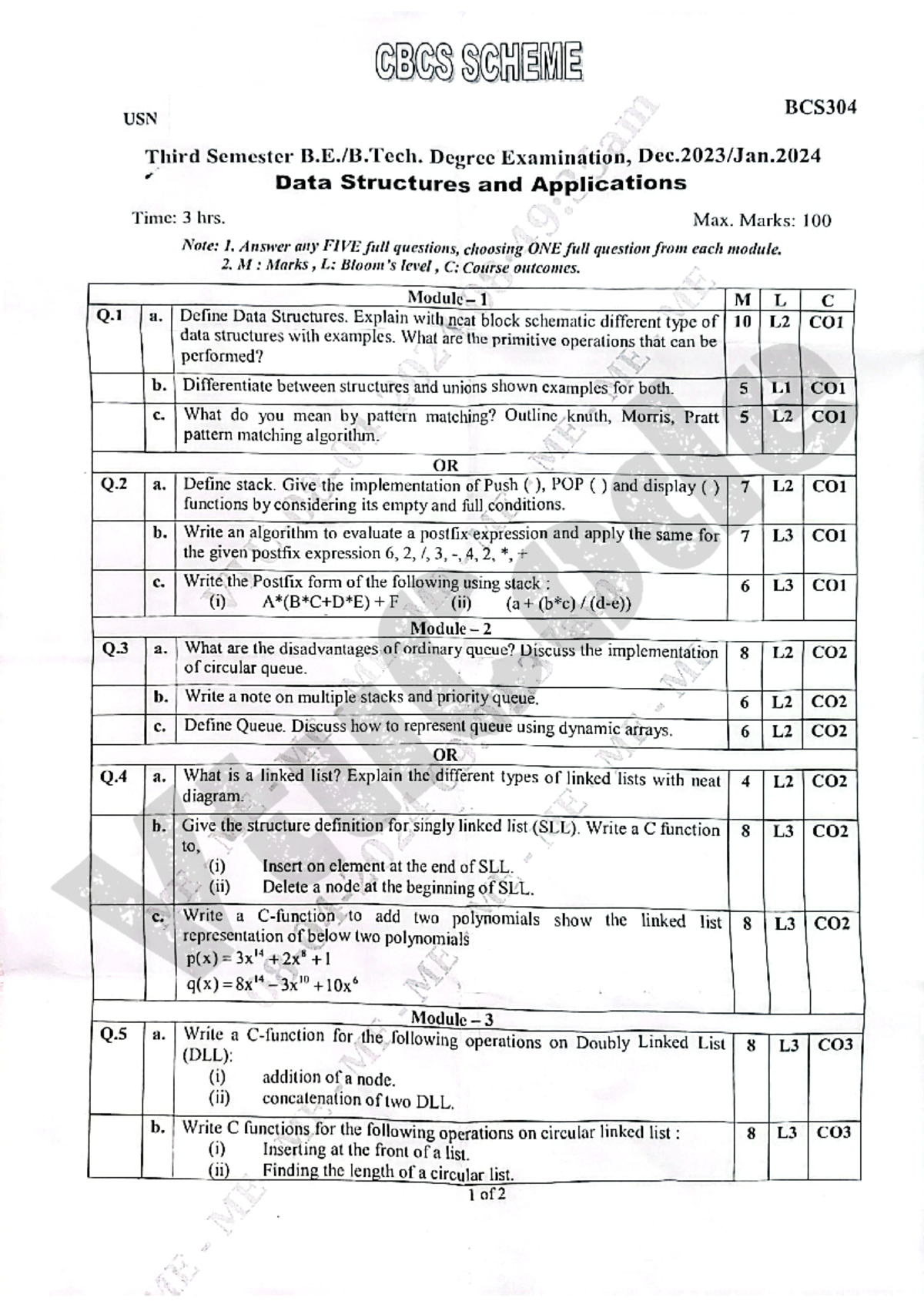 BCS304 QP , Dec - Jan , 2023 - 2024 (CBCS Scheme ) - CBCS SCHEME BCS304 USN Third Semester ...