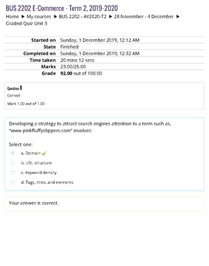 BUS 2202 self quiz unit 4 - Question 1 Correct Mark 1 out of 1. Question 2 Correct Mark 1 out of ...