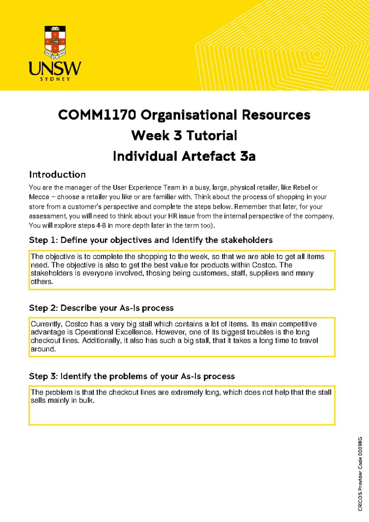 Tutorial Worksheet 1 - CRICOS Provider Code 00098G COMM1170 Organisational Resources Week 3 ...