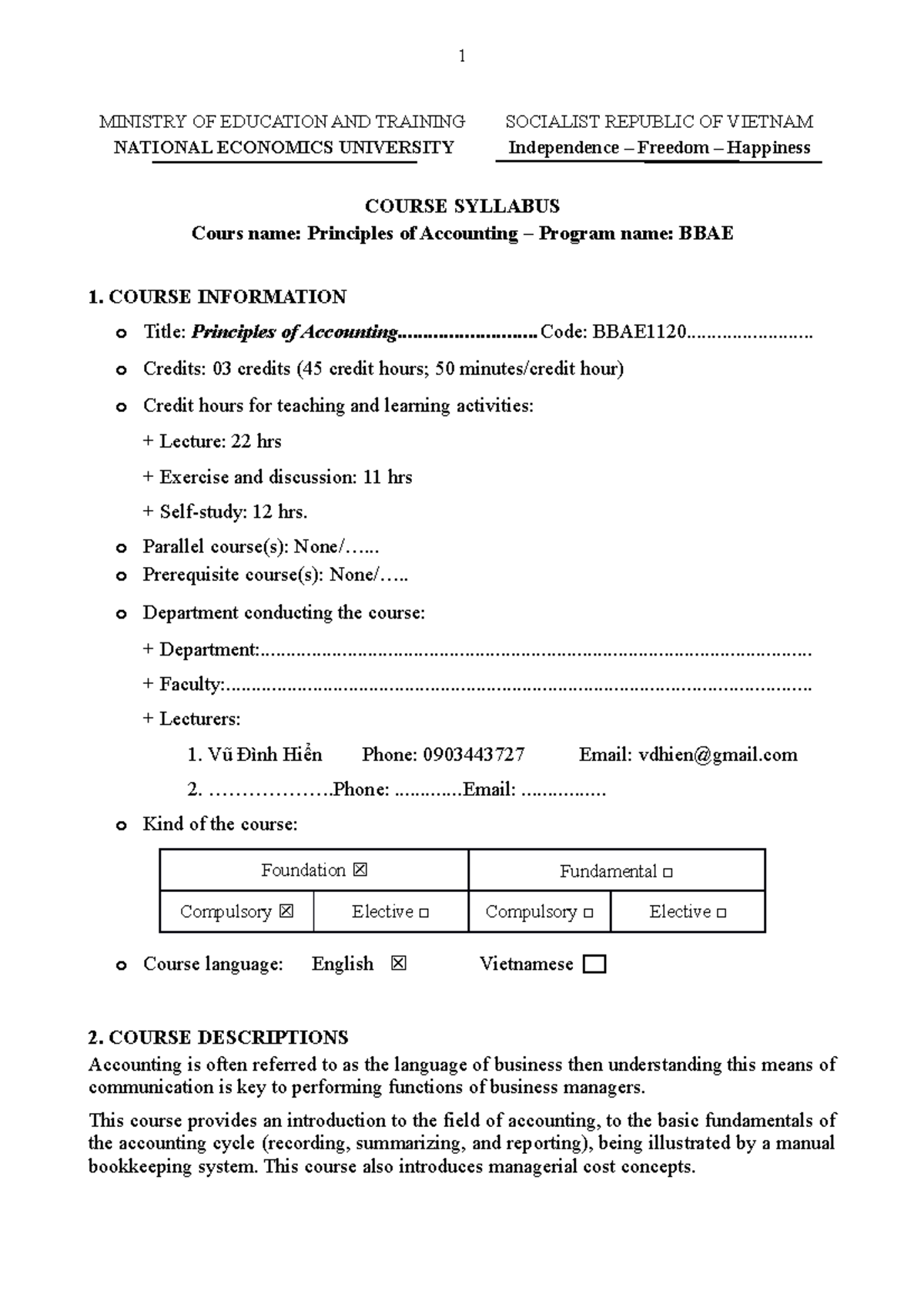 Principles of accounting syllabus 2023 - MINISTRY OF EDUCATION AND ...