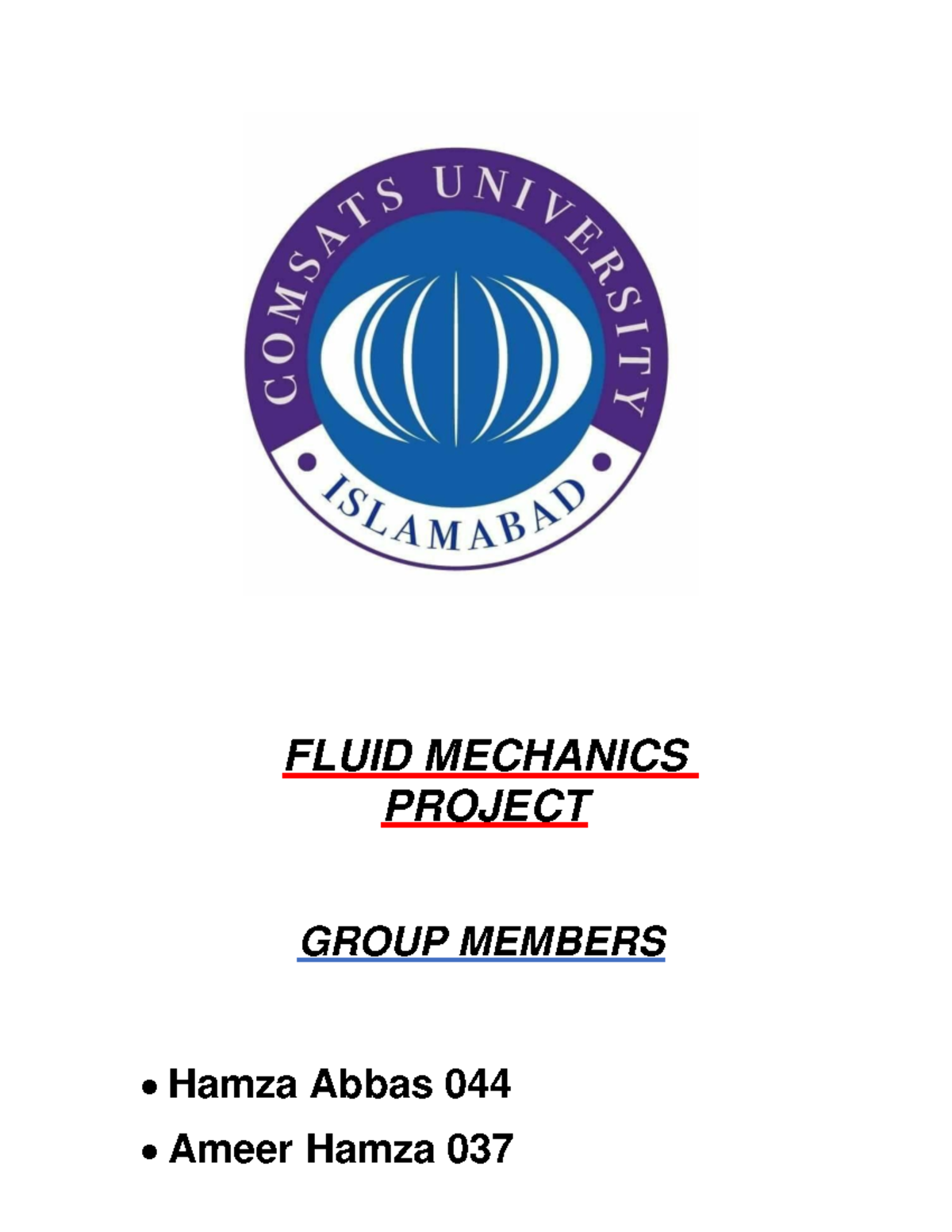 Fluid Project 037 044 - FLUID MECHANICS PROJECT GROUP MEMBERS Hamza Abbas 044 Ameer Hamza 037 ...