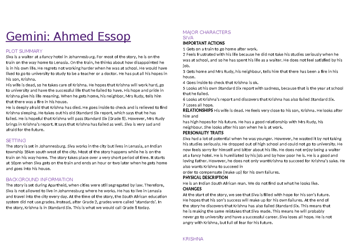 Short Stories - Gemini: Ahmed Essop PLOT SUMMARY Siva is a waiter at a fancy hotel in ...