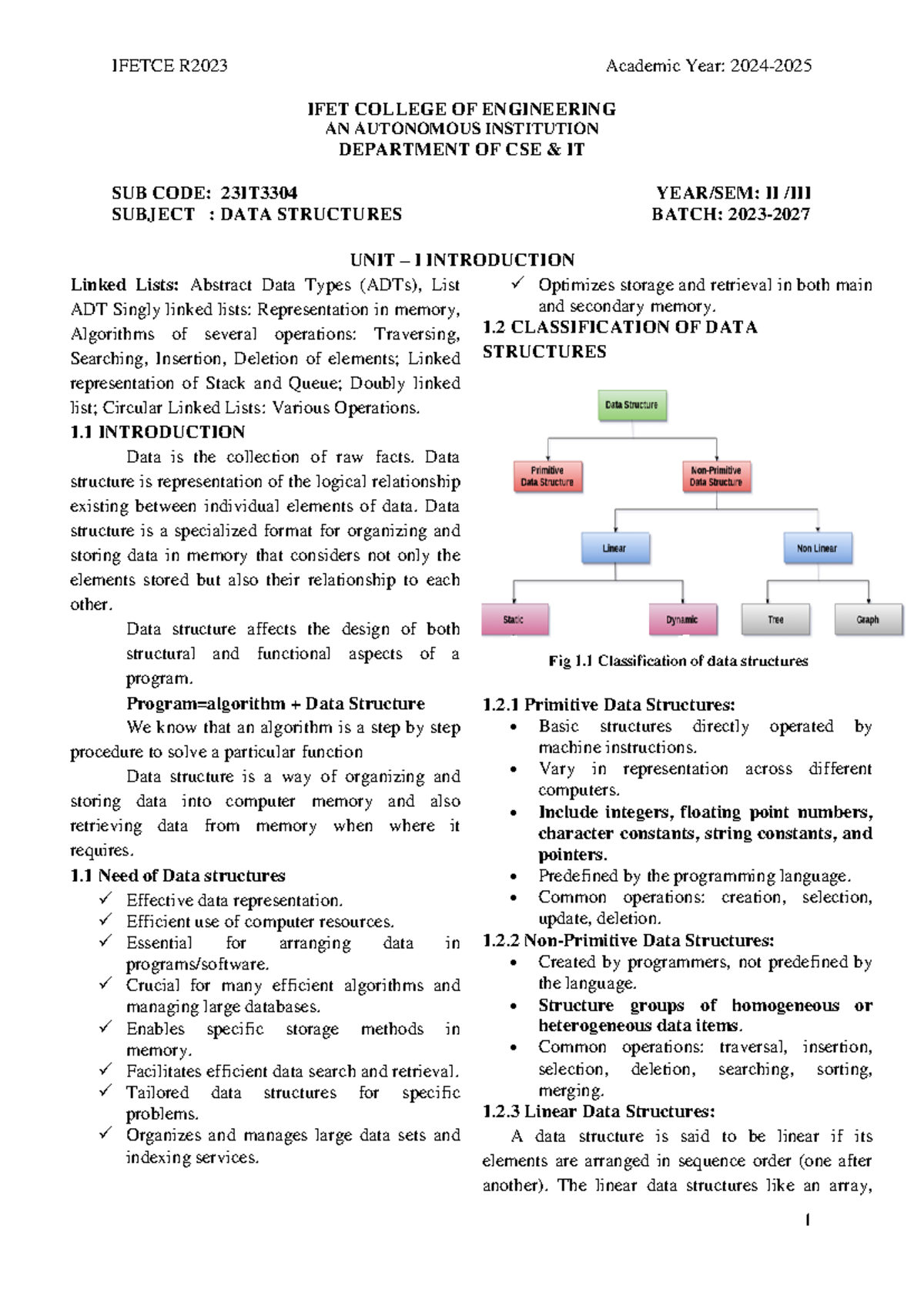 UNIT-1 Hands out - FUNDAMENTALS OF DATA STRUCTURE - IFET COLLEGE OF ...