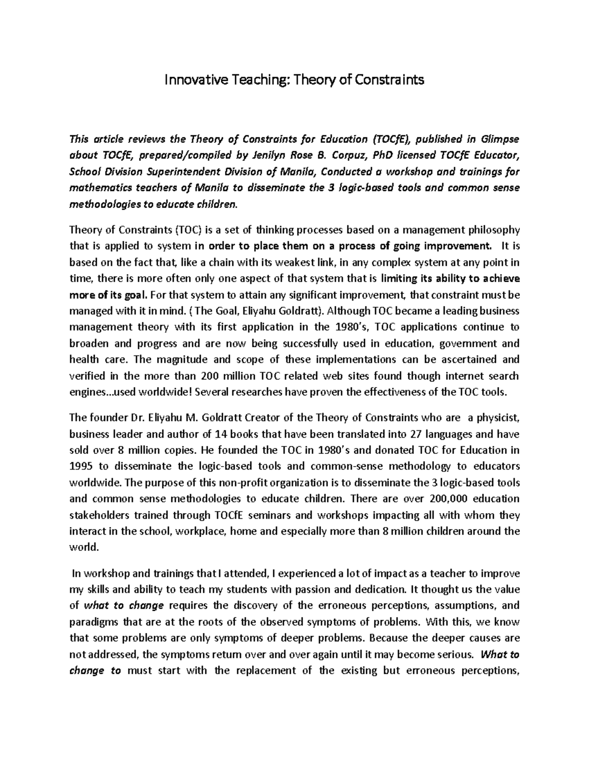 Innovative Teaching Theory of Constraint - Corpuz, PhD licensed TOCfE ...