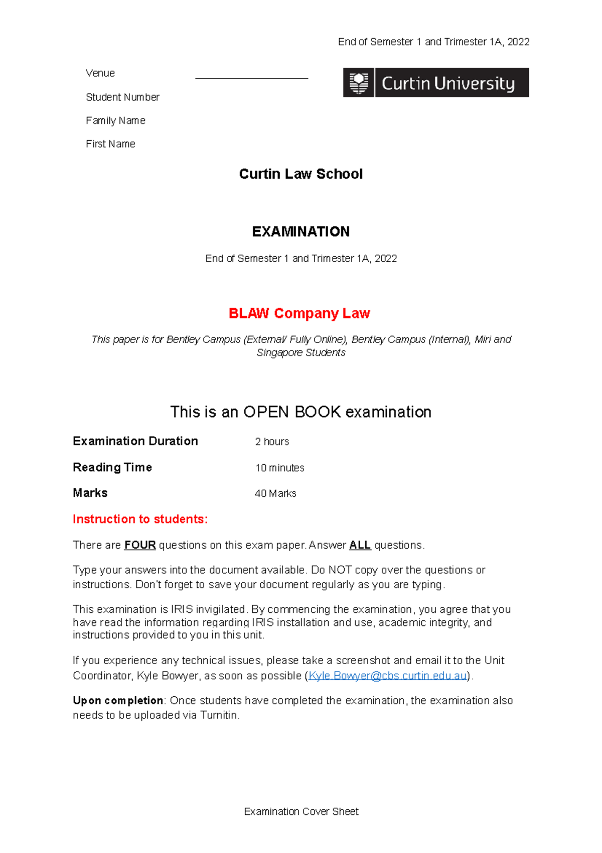 BLAW - Semester 1 2022 - Final IRIS Exam - Upload - End of Semester 1 and Trimester 1A, 2022 ...