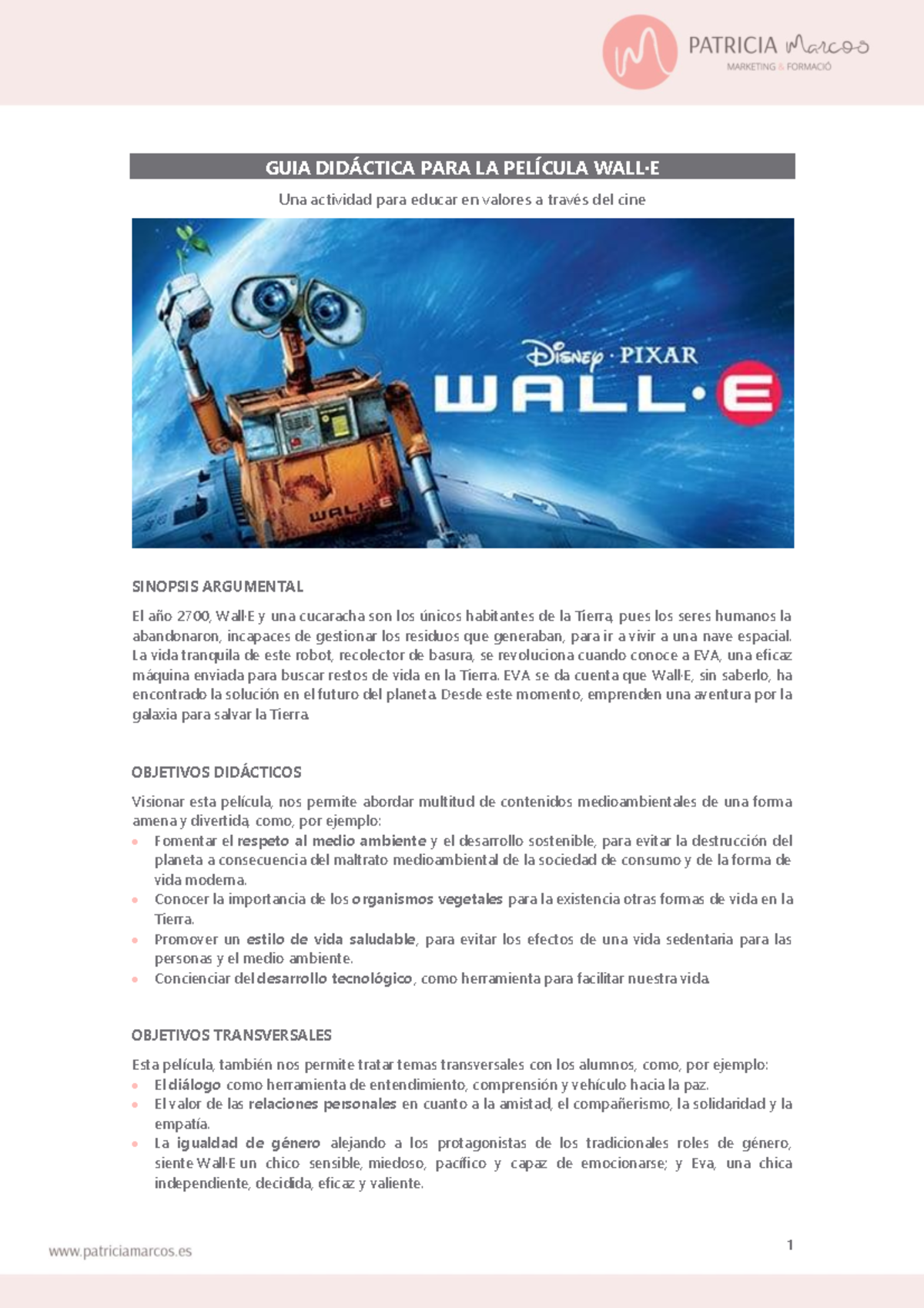 Guía didáctica película Wall - 1 GUIA DIDÁCTICA PARA LA PELÍCULA WALL·E ...