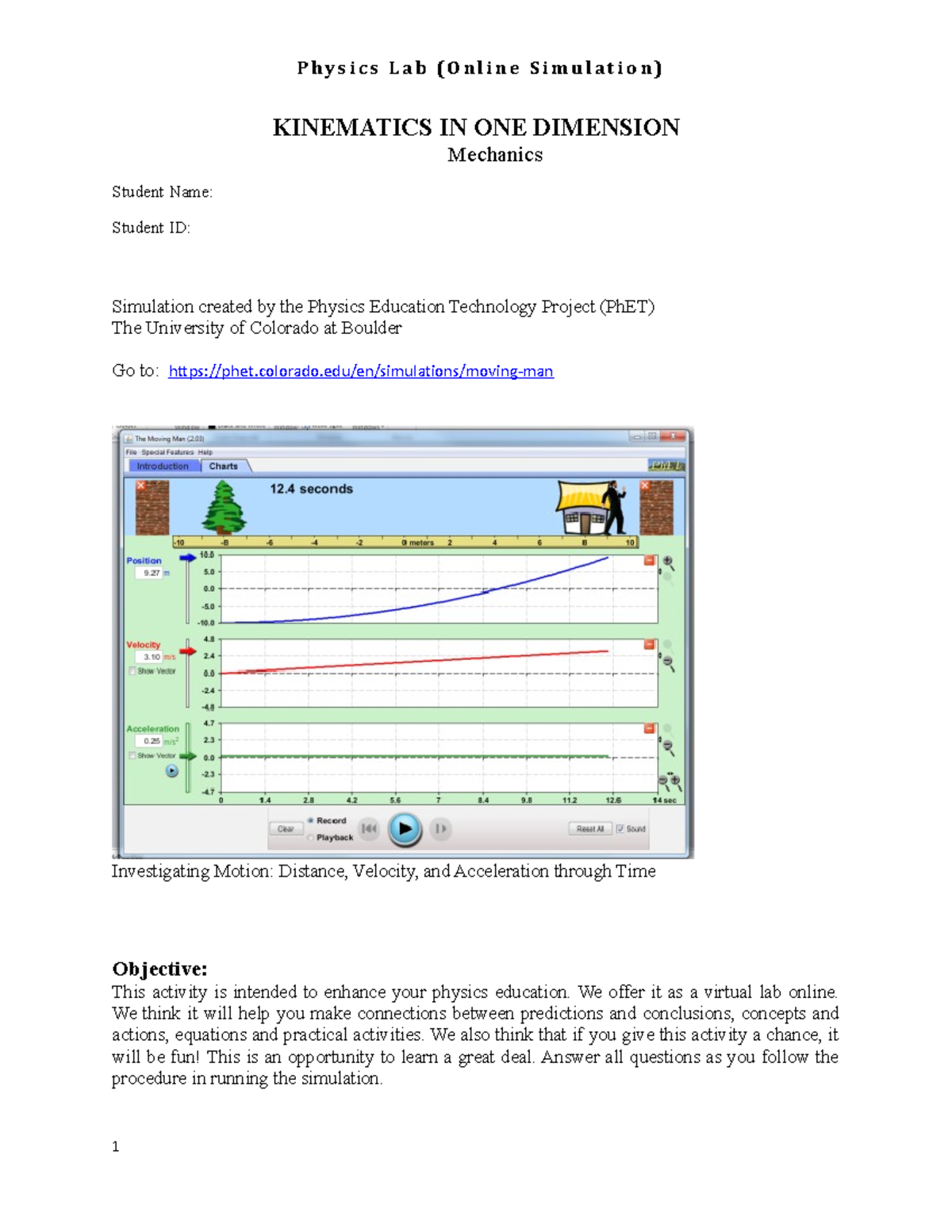 1 Kinematics 1d Online Physics Lab Kinematics In One Dimension