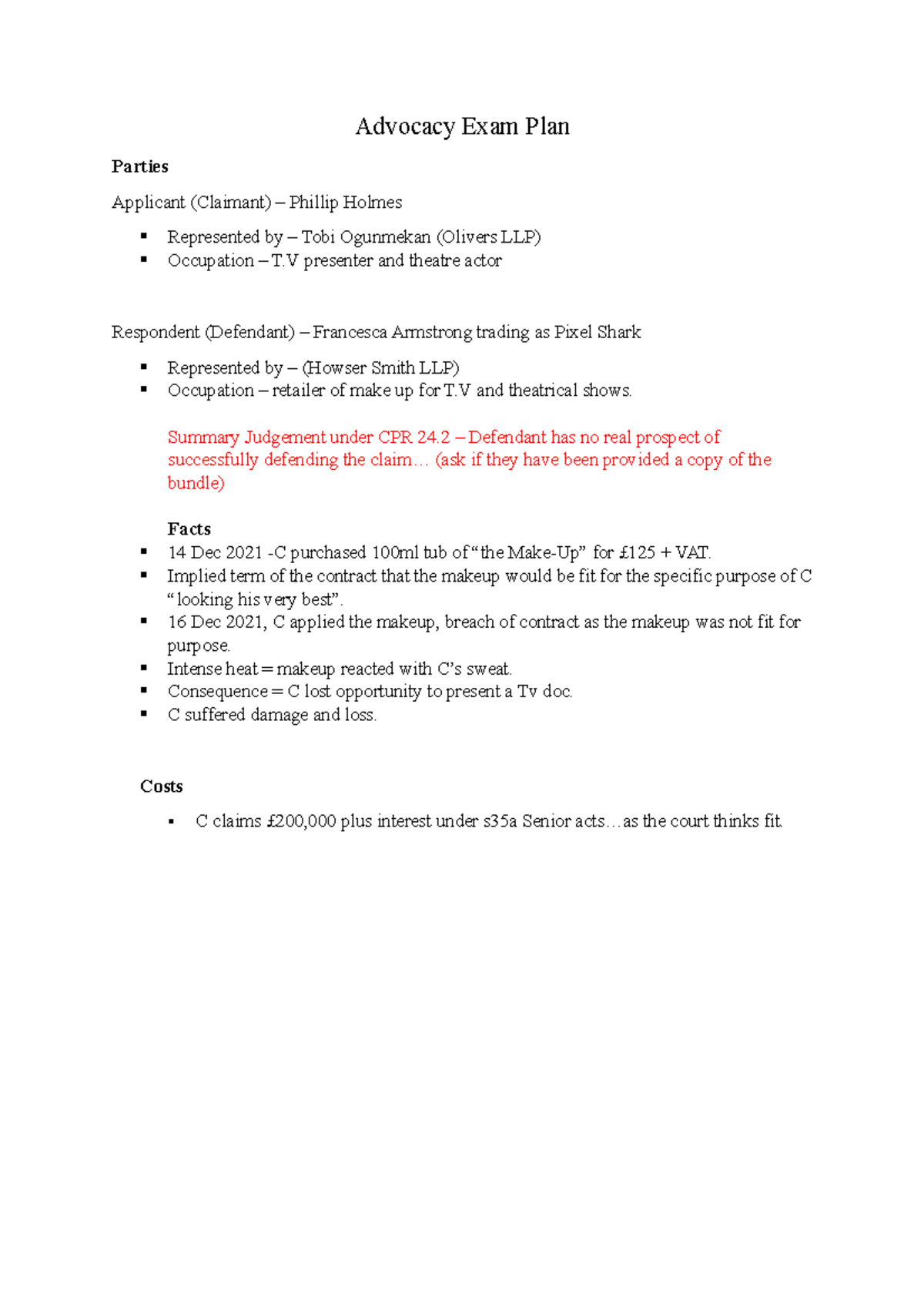 Advocacy Exam Plan - Advocacy Exam Plan Parties Applicant (Claimant ...