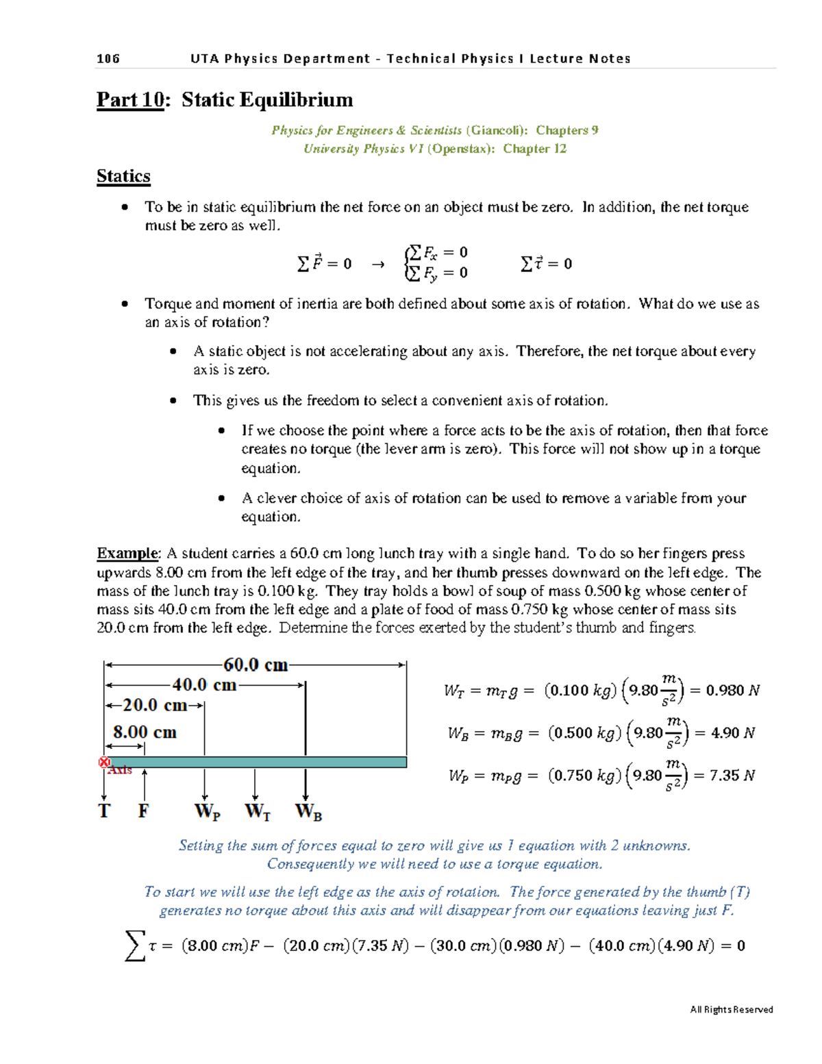 1443 notes Lecture10 - Part 10: Static Equilibrium Physics for ...