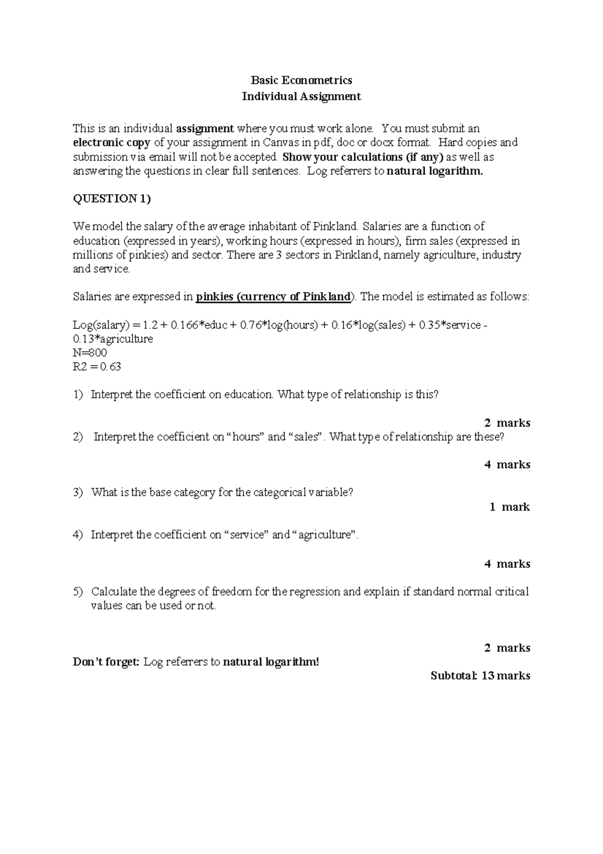Econ1272 2024 A2 Basic Econometrics Individual Assignment This Is An Individual Assignment