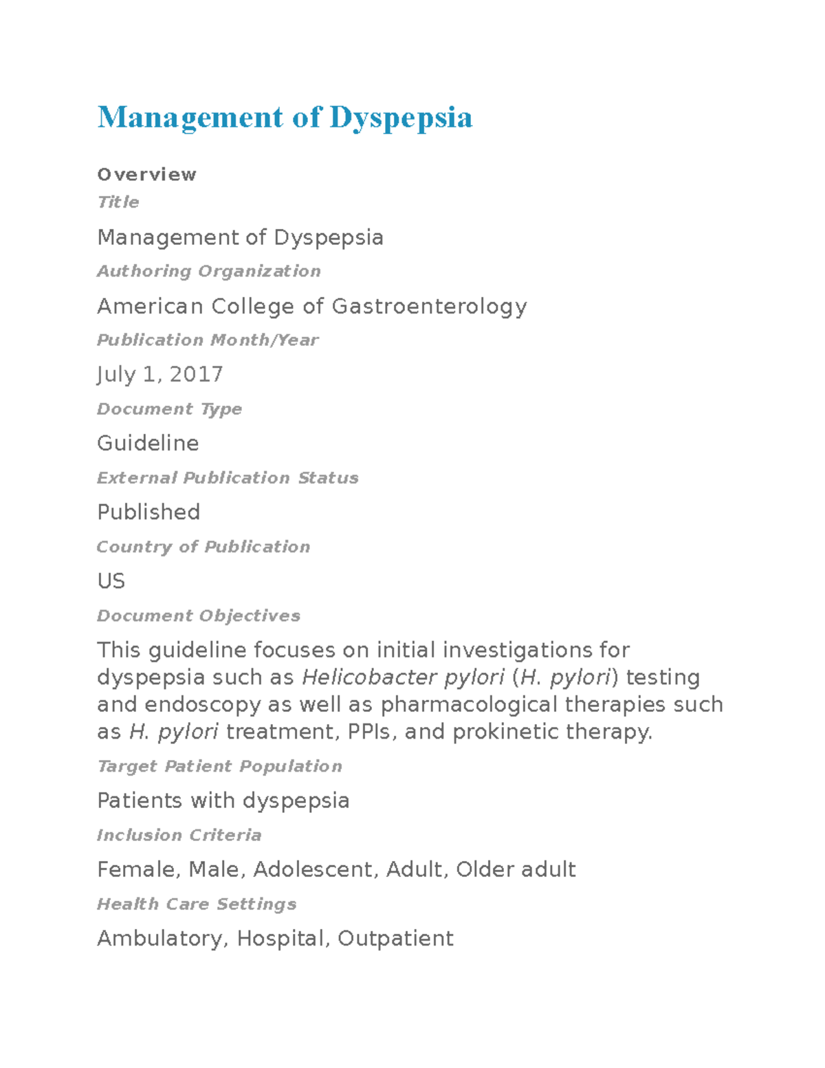 Management of Dyspepsia - Management of Dyspepsia Overview Title Management of Dyspepsia ...