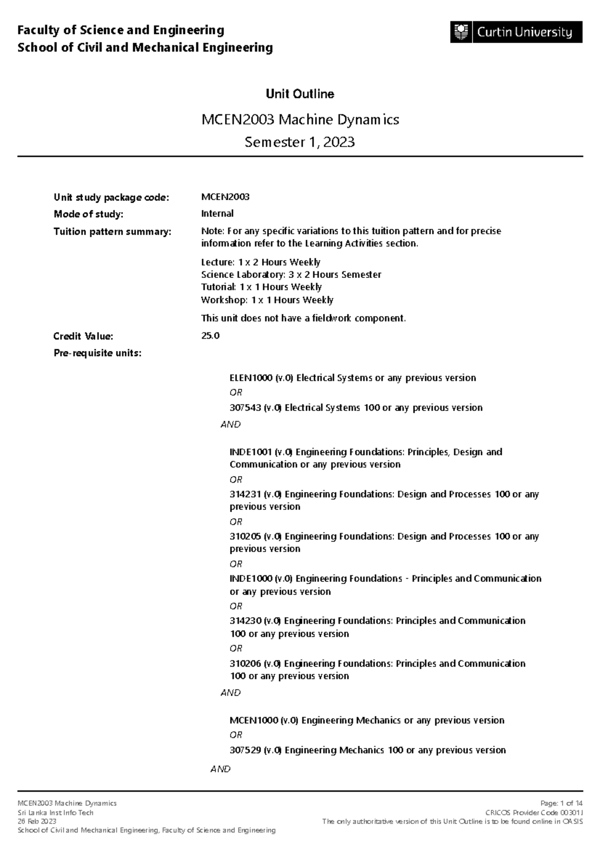 MCEN2003 Machine Dynamics Semester 1 2023 Sri Lanka Inst Info Tech INT - Unit study package code ...