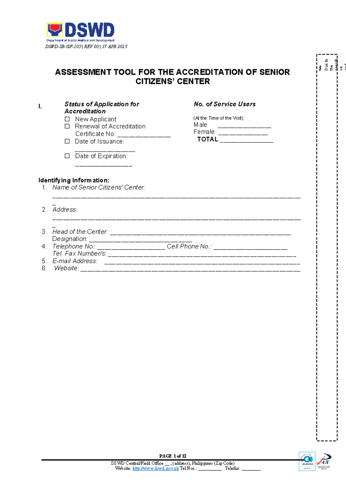 DSWD-SB-GF-105 REV-00 Accreditation- Assessment-TOOL-FOR- Senior ...