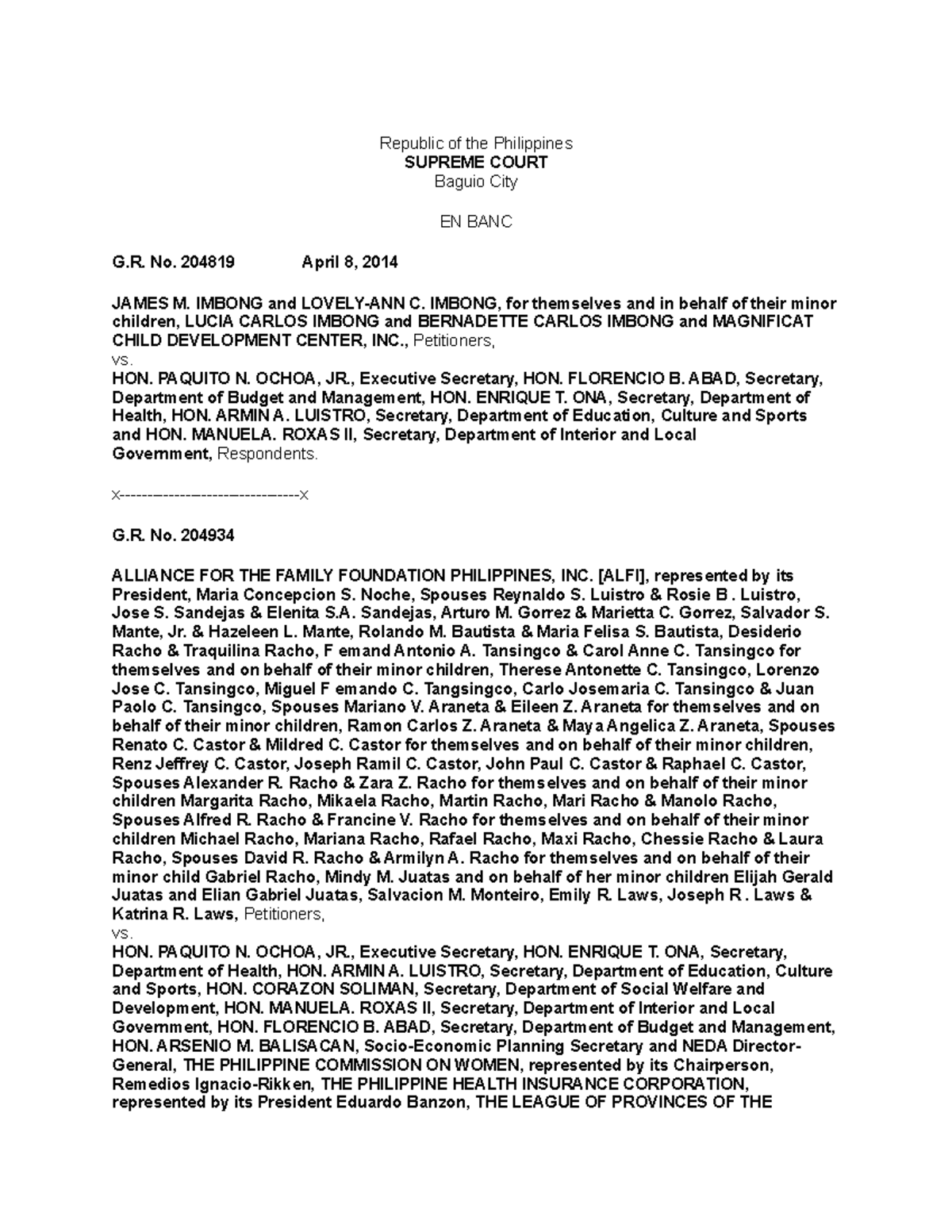 James M. Imbong vs. Hon. Paquito N. Ochoa, Jr - Republic of the ...