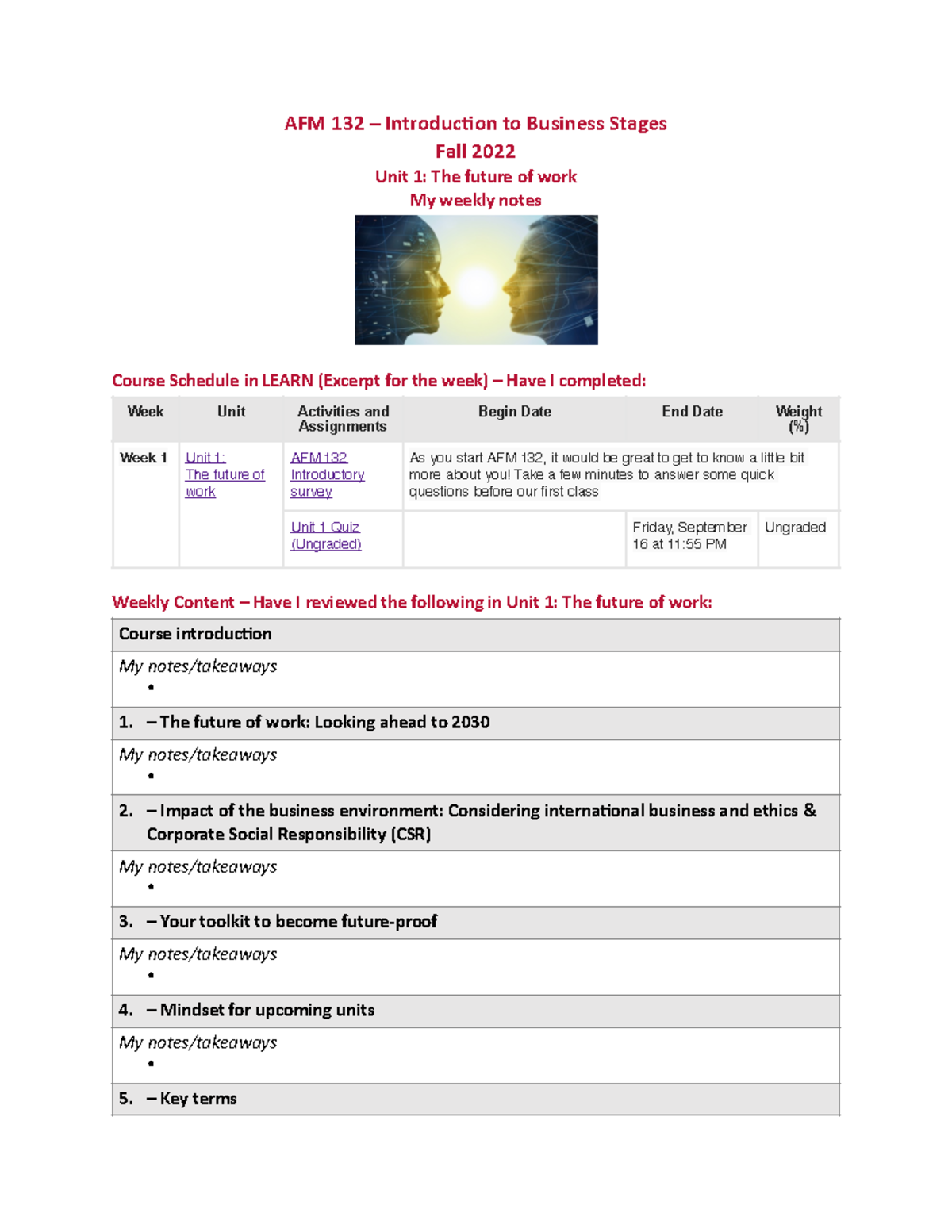 AFM 132 - Unit 1 - My Weekly Notes 2 - AFM 132 – Introduc1on to ...