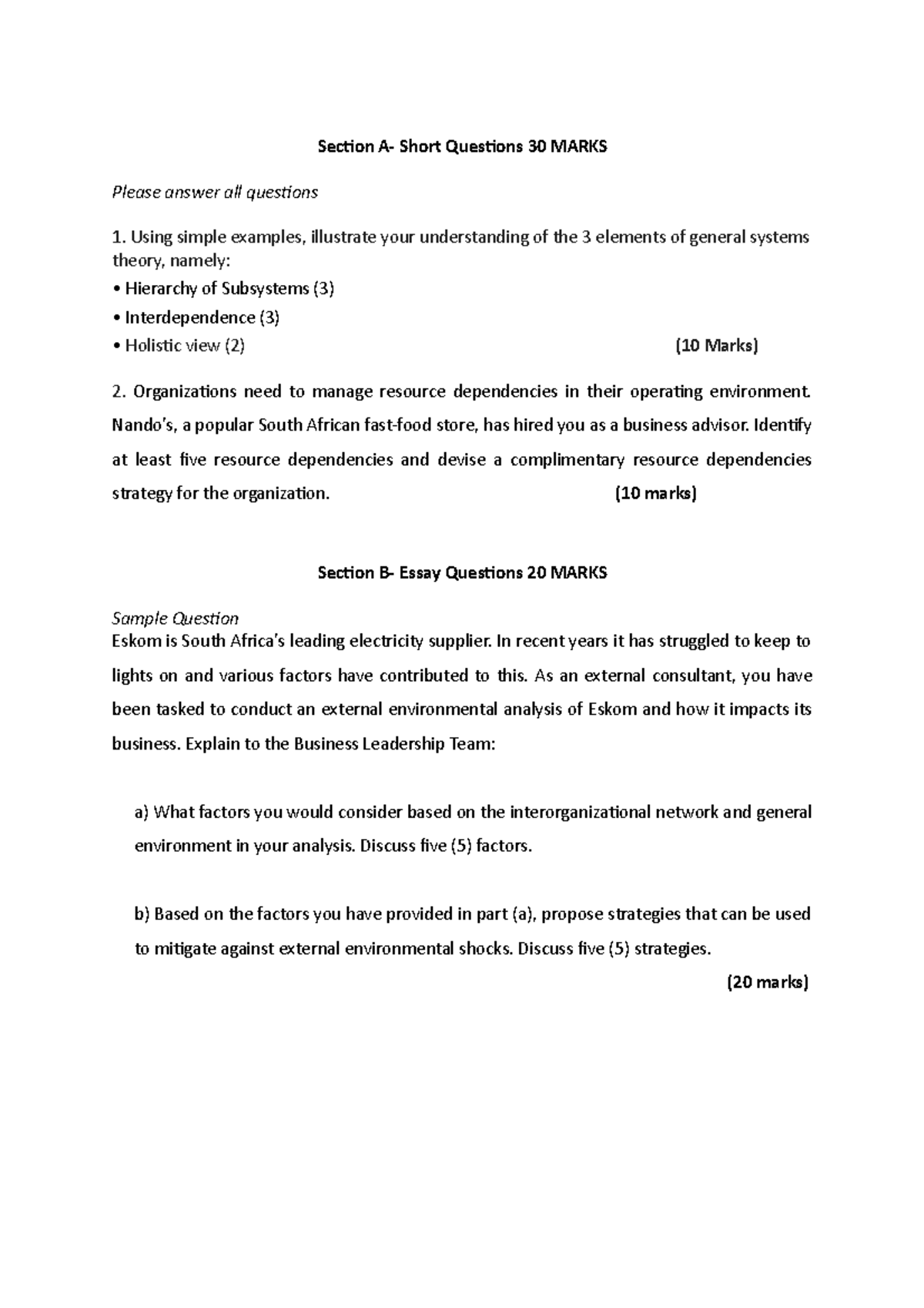 Sample Questions - essay - Section A- Short Questions 30 MARKS Please ...