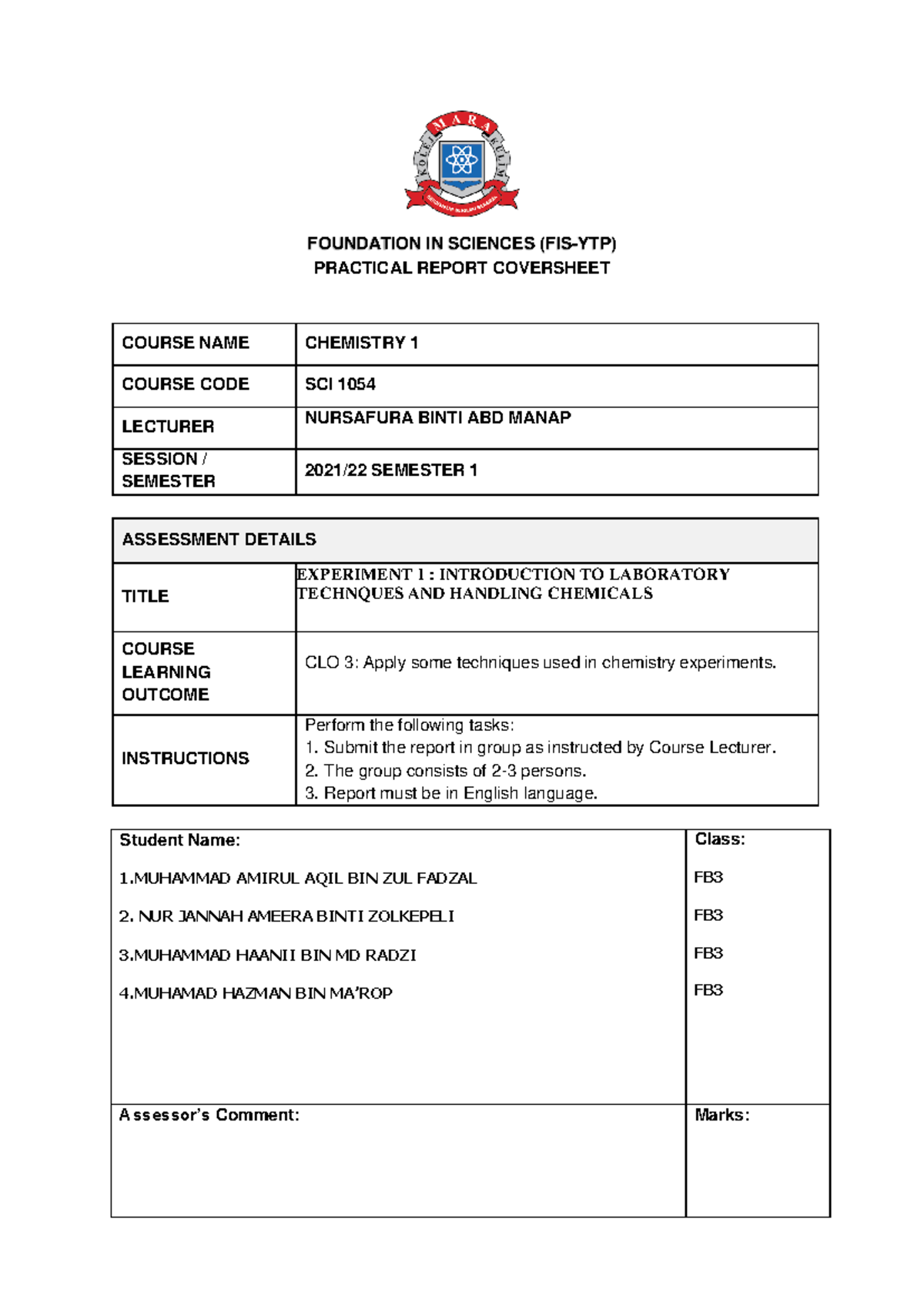 LAB APPARATUS AND PRECAUTIONS REPORT - Chemistry - Studocu