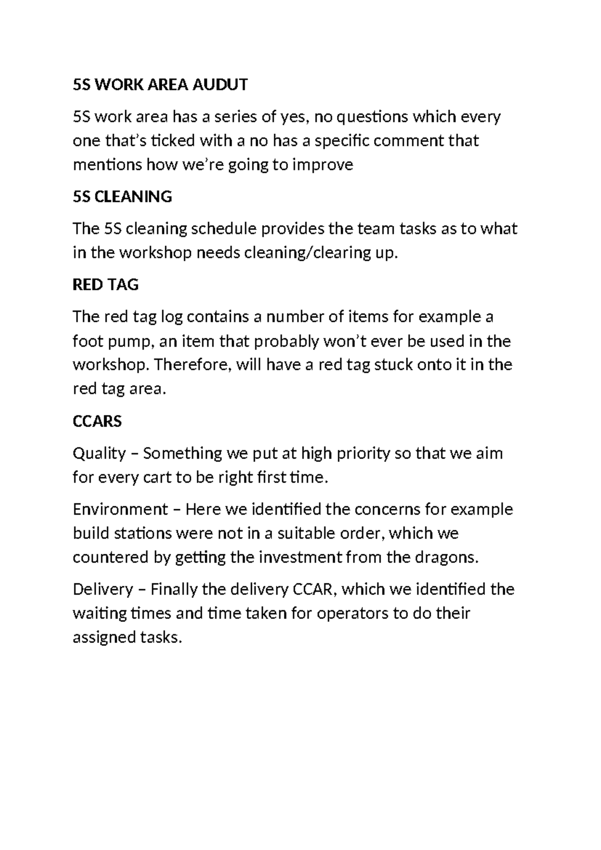 Presentationnotes - notes - 5S WORK AREA AUDUT 5S work area has a ...