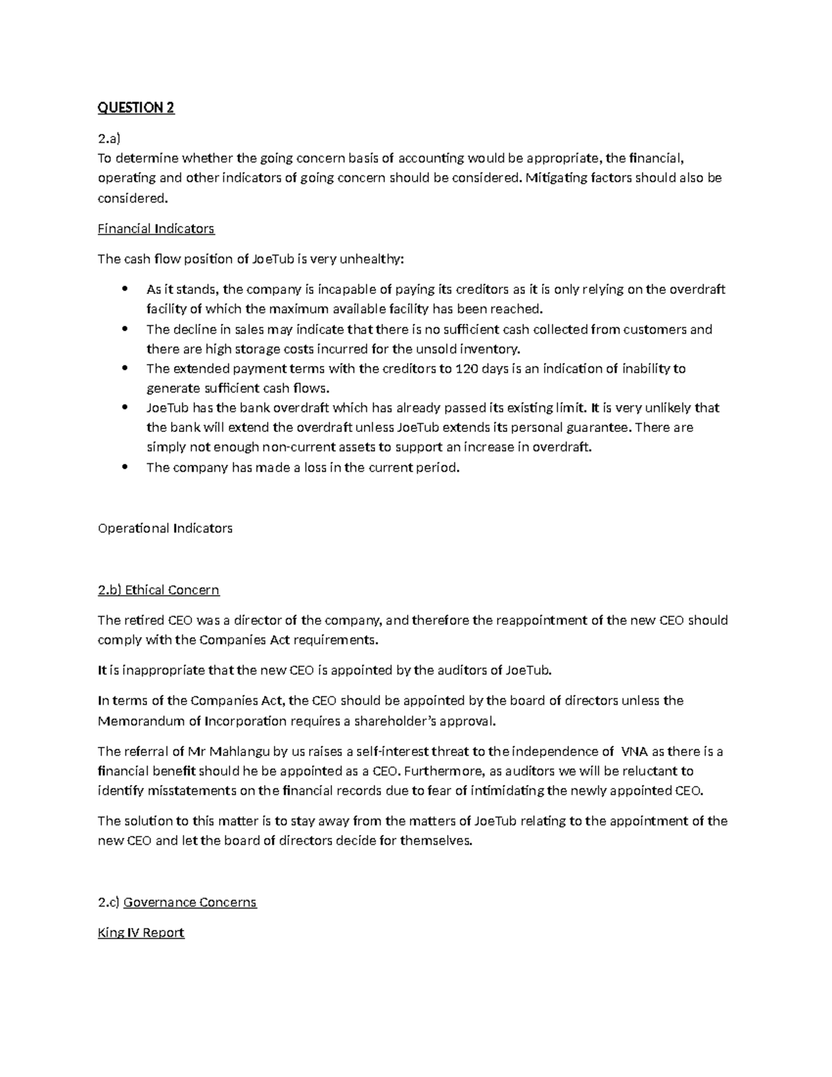 AUE4861 Paper 2 - QUESTION 2 To determine whether the going concern ...