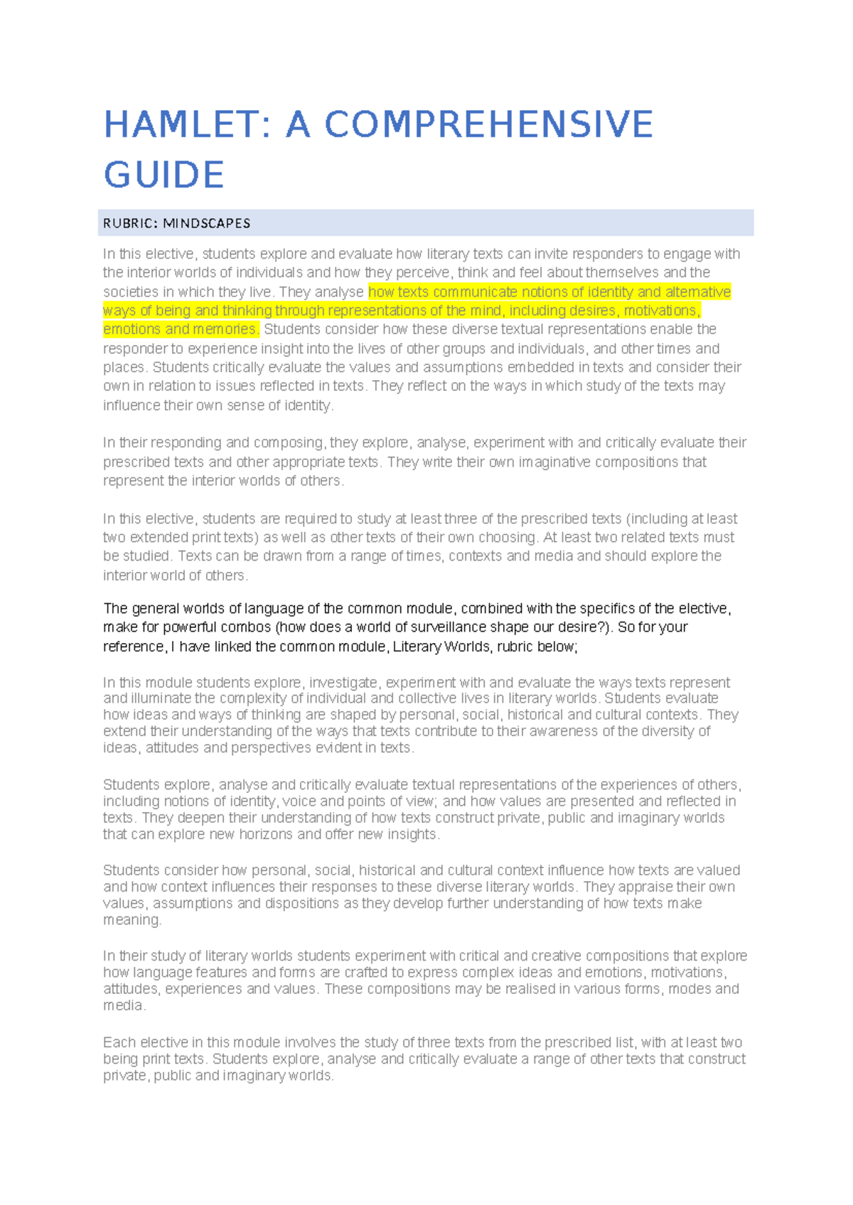 Hamlet Quote Table - HAMLET: A COMPREHENSIVE GUIDE RUBRIC: MINDSCAPES ...