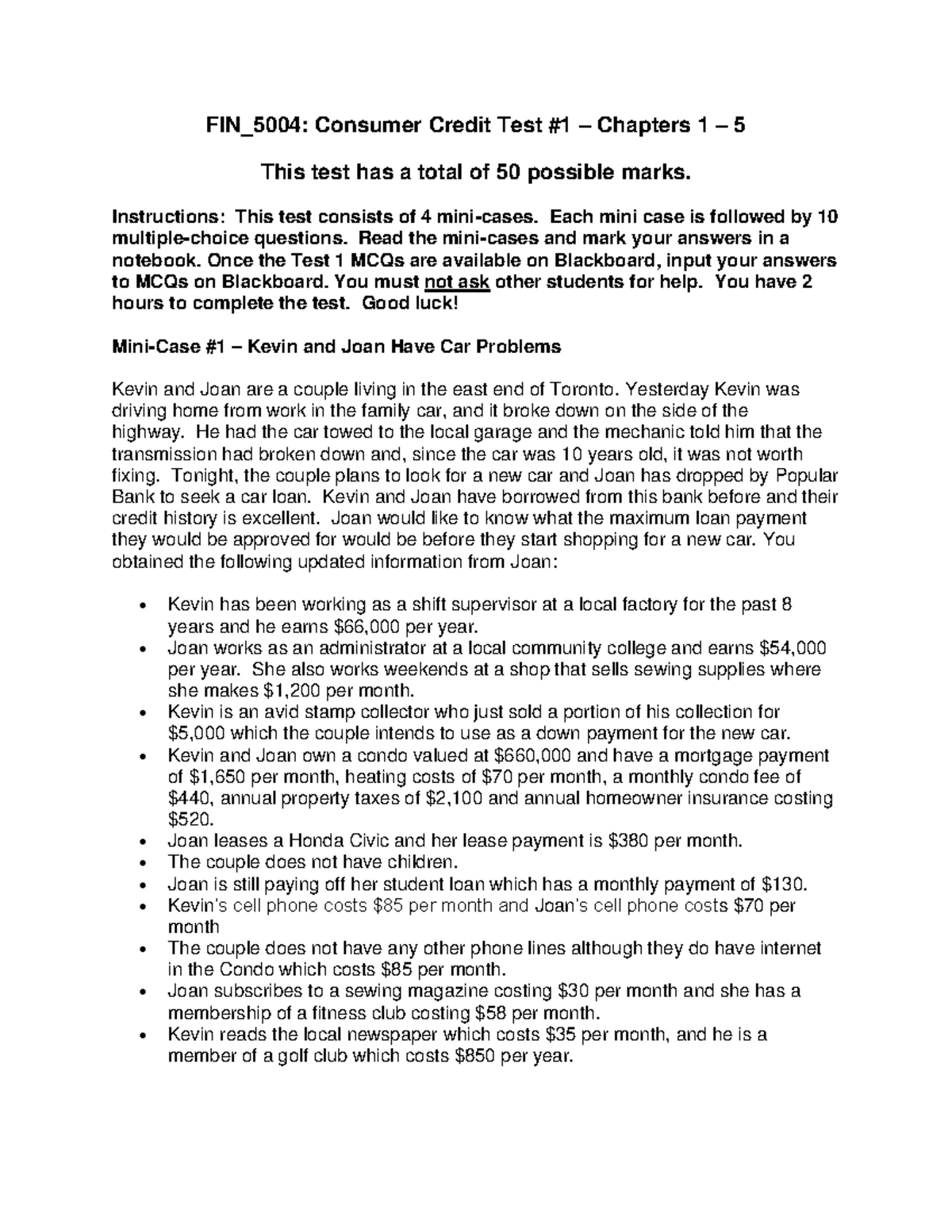 FIN 5004 Test 1 Case Studies - FIN_5004: Consumer Credit Test #1 ...