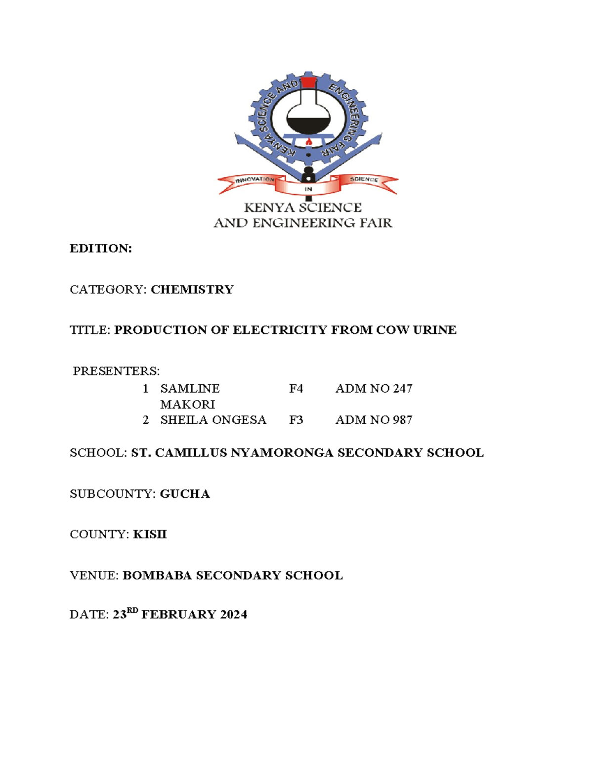 Chemistry Project ONE - COMPUTER - EDITION: CATEGORY: CHEMISTRY TITLE ...