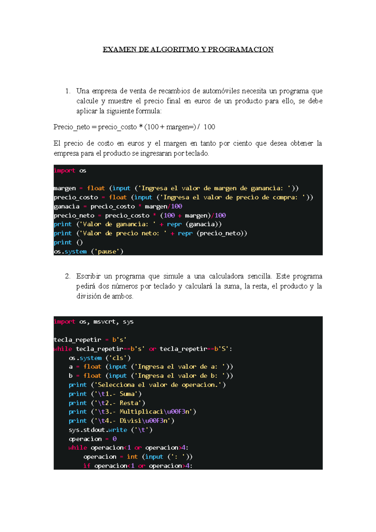 Examen Algoritmo Y Lenguaje De Programacion Examen De Algoritmo Y