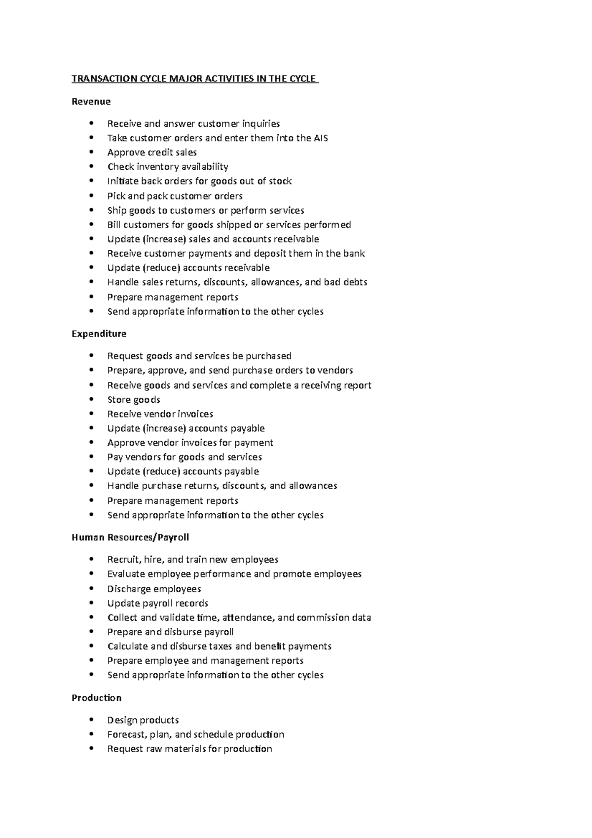 Transaction Cycle Major Activities IN THE Cycle - TRANSACTION CYCLE ...