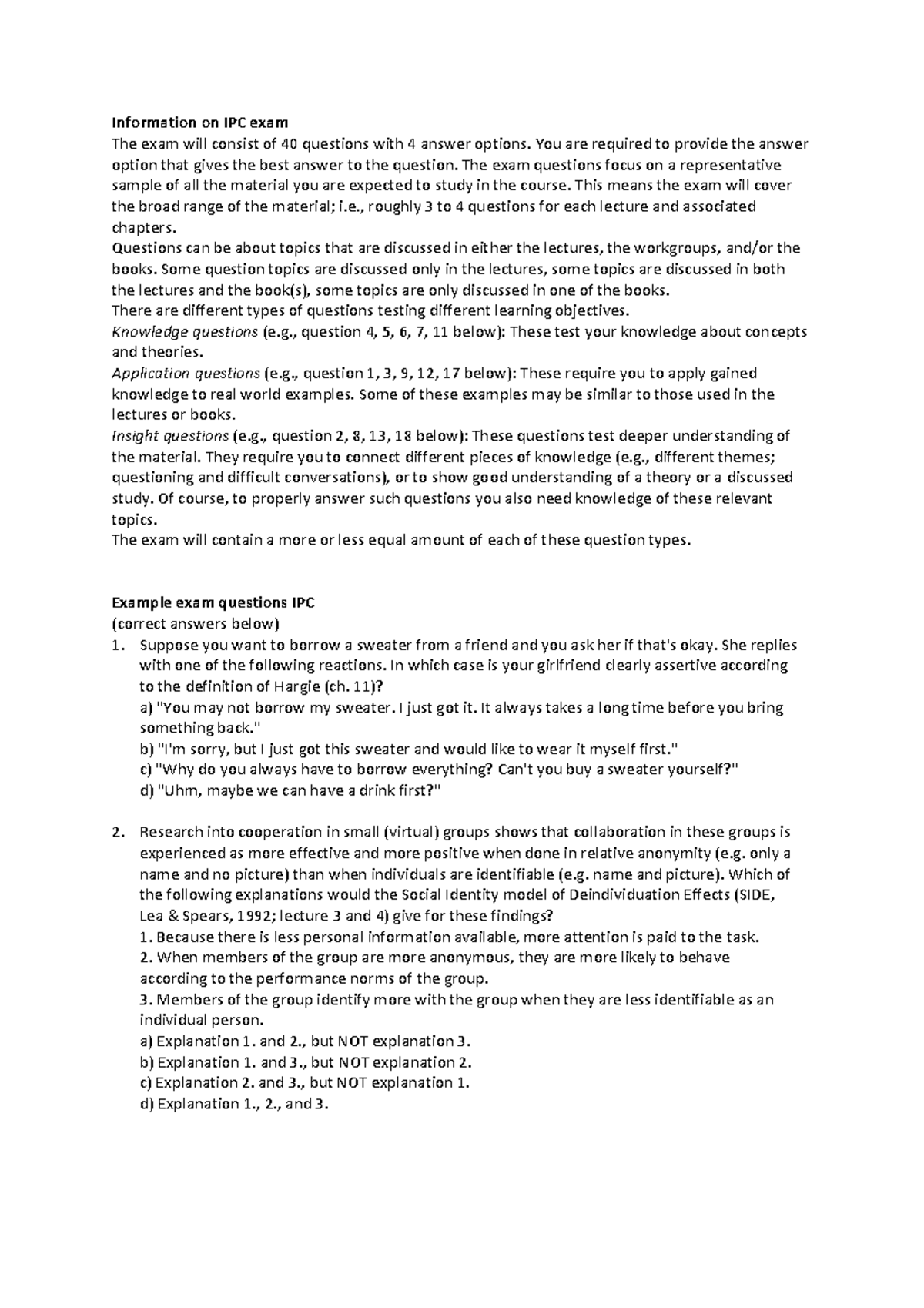 IPC Example exam questions + info exam - Interpersoonlijke communicatie ...