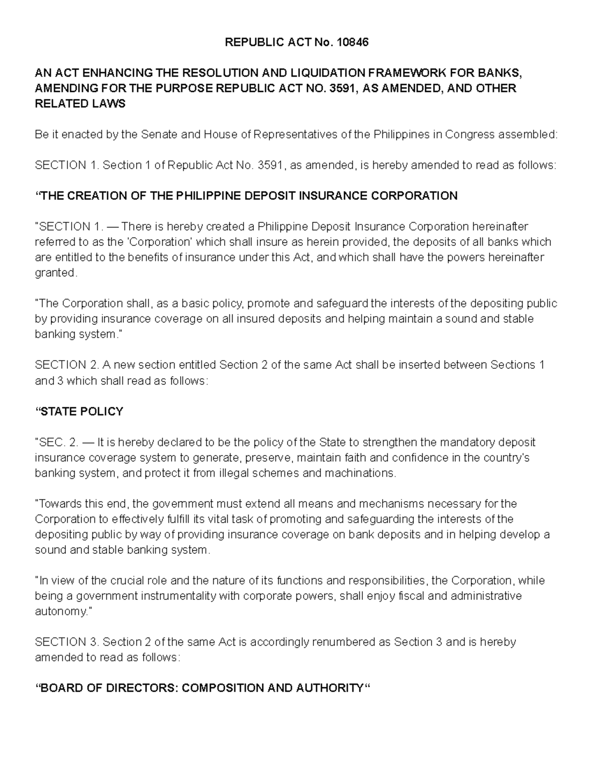 RA 10846 PDIC - REPUBLIC ACT No. 10846 AN ACT ENHANCING THE RESOLUTION ...