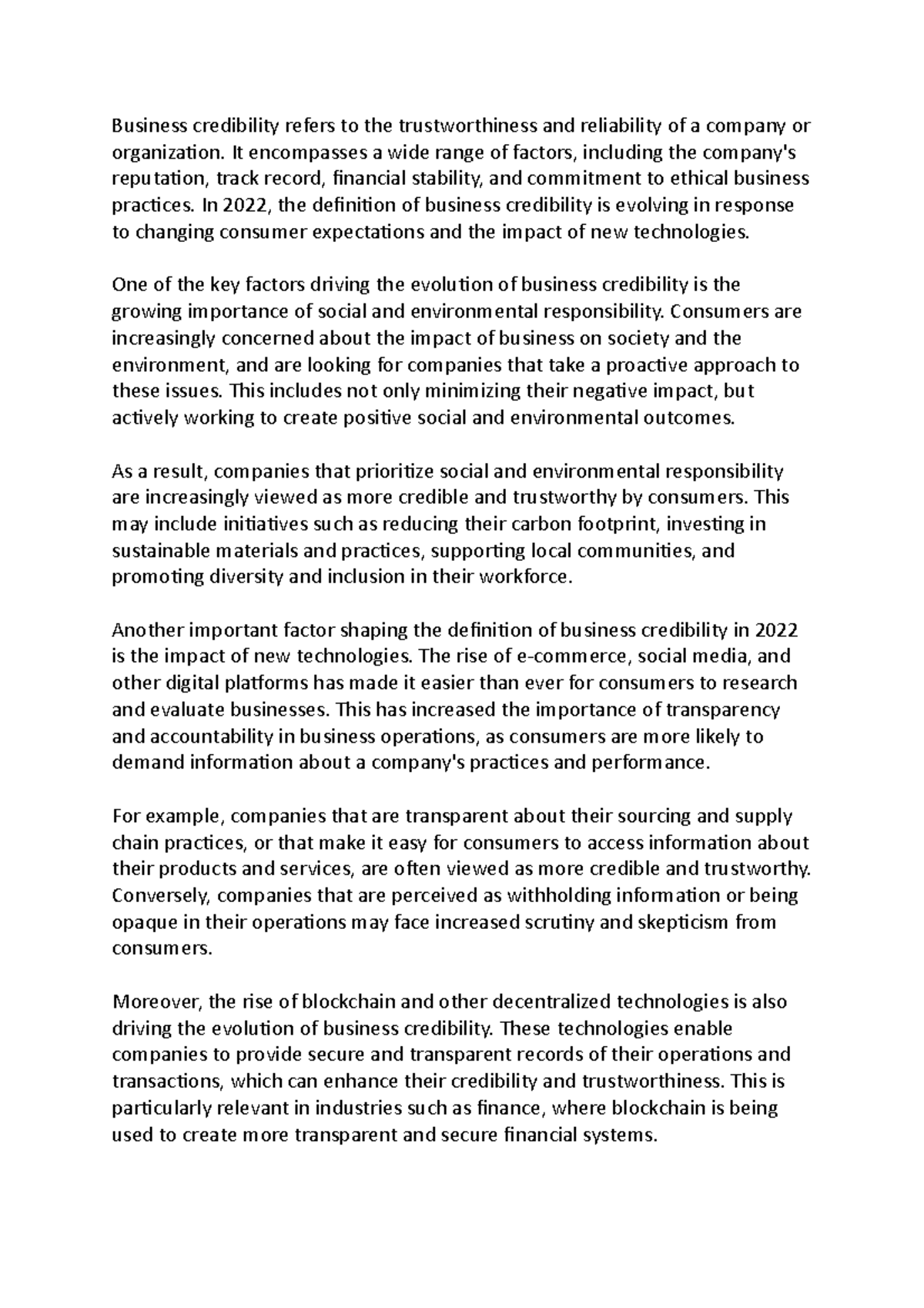 Essay on business credibility - Business credibility refers to the ...